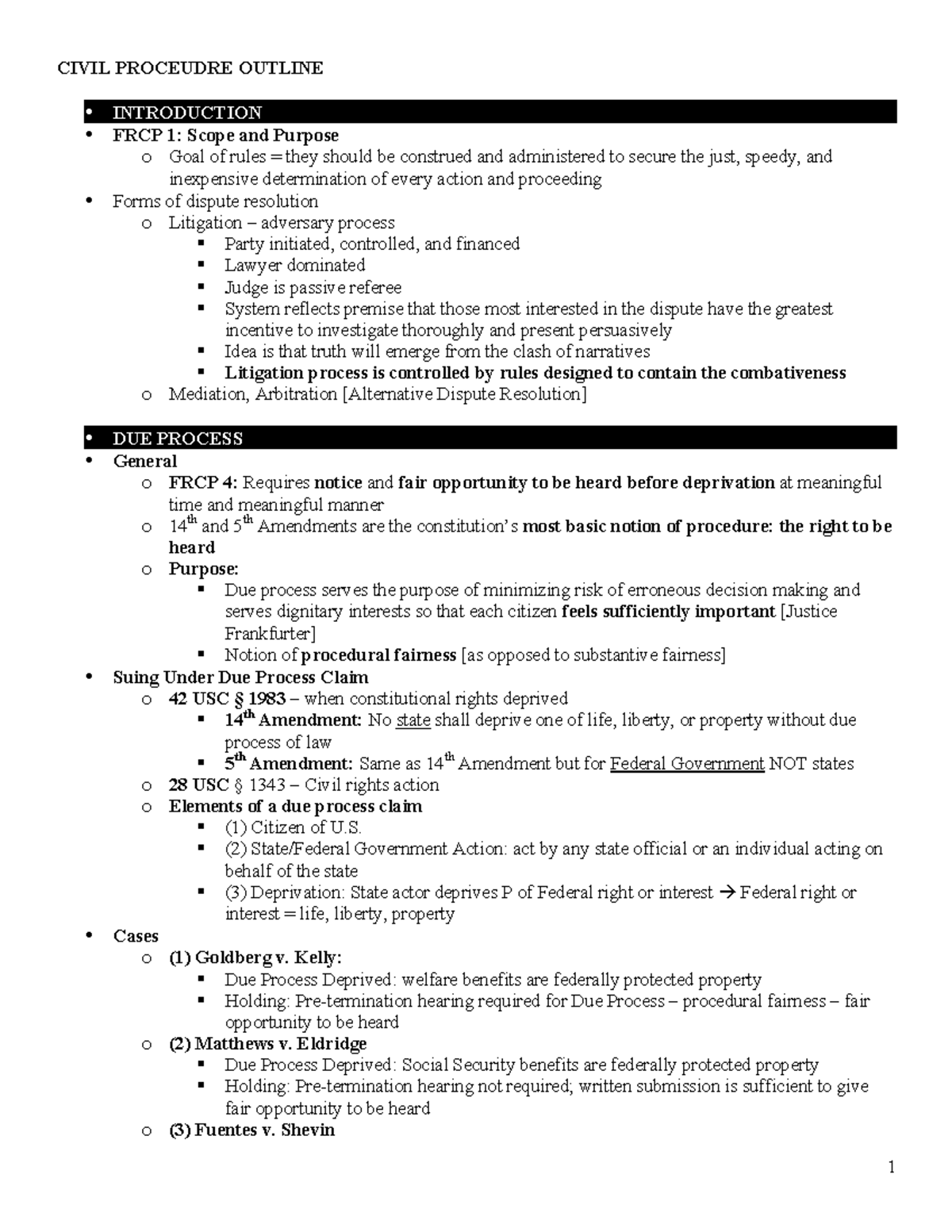 CIVIL PROCEDURE OUTLINE: FRCP 1-14 DUE PROCESS & PLEADINGS OVERVIEW ...