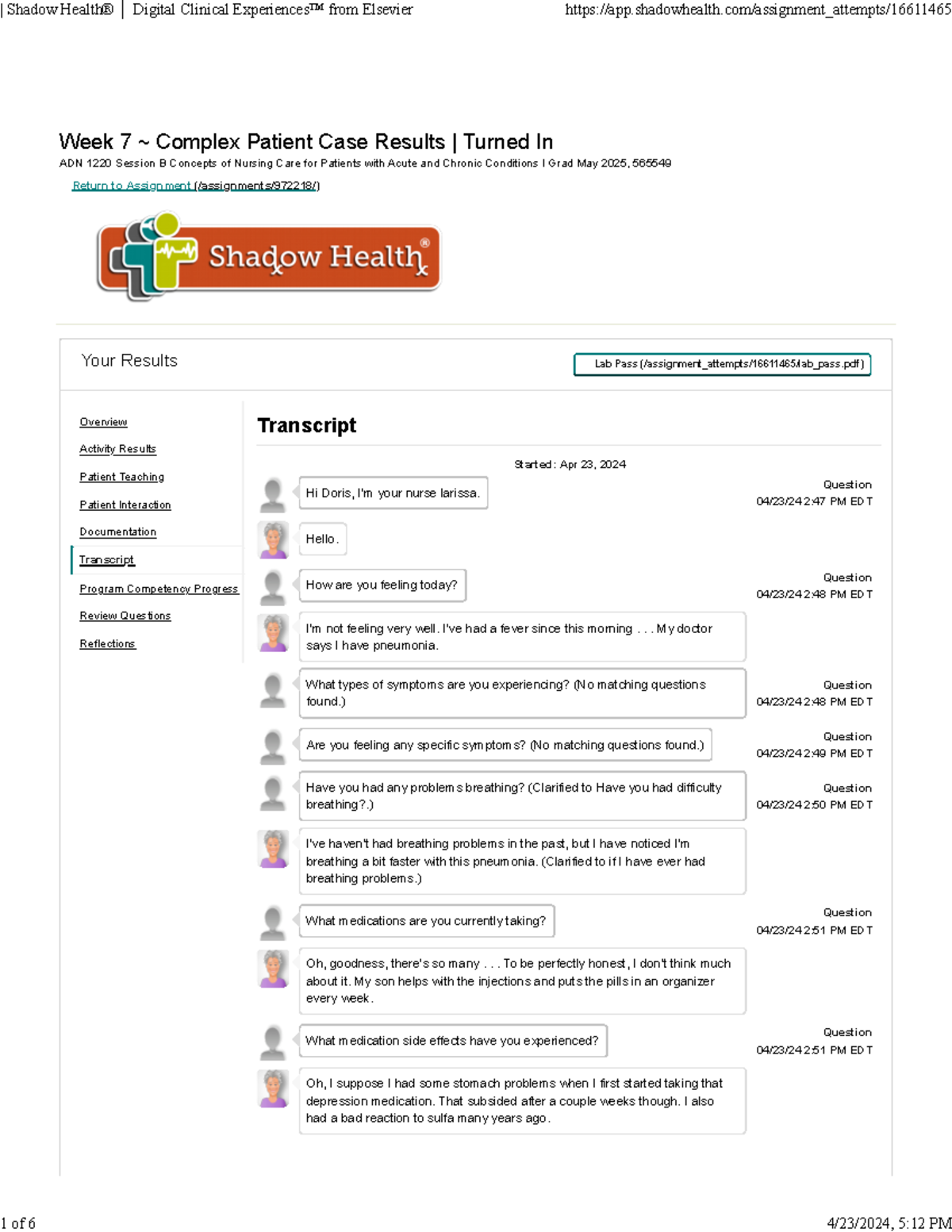 Complex Patient Case: Doris Turner Transcript - ADN 1220 Week 7 - Studocu
