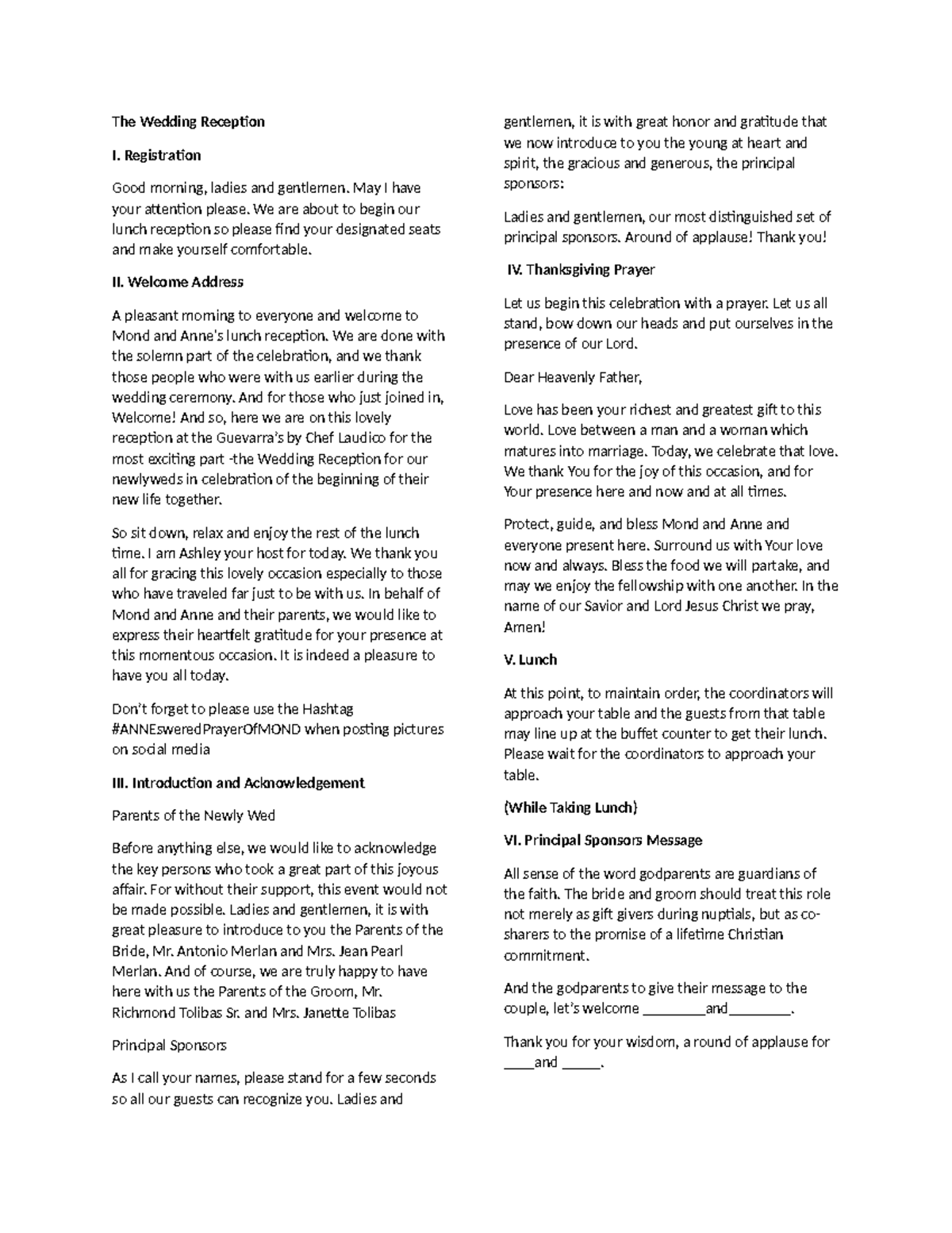 Wedding Reception Program for Mond and Anne - Studocu