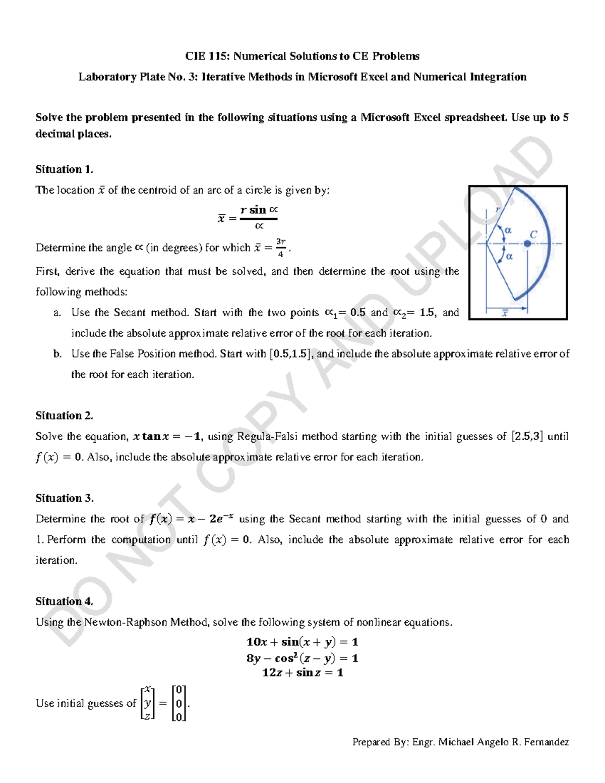 CIE 115: Lab Plate No. 3 - Iterative Methods in Excel - Studocu