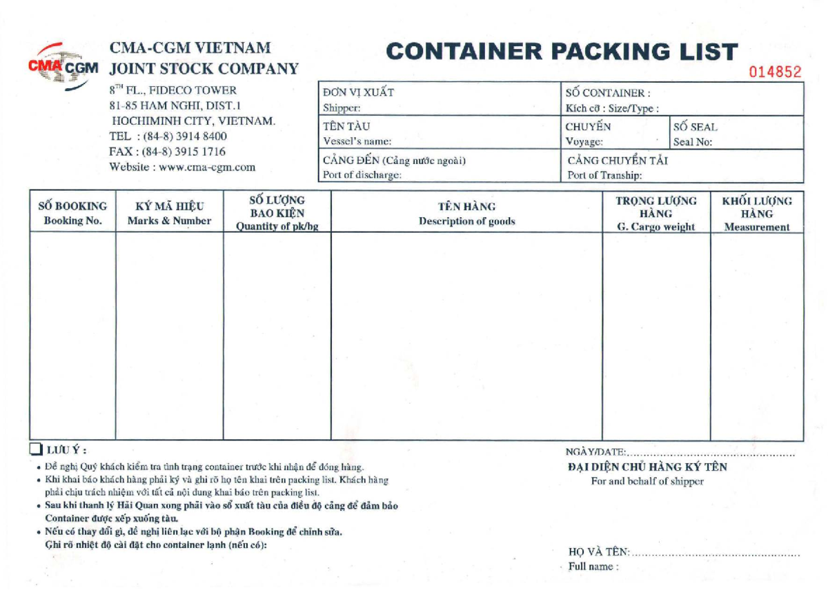 CMA CGM Container Packing List - Seadragon Logistics - Studocu