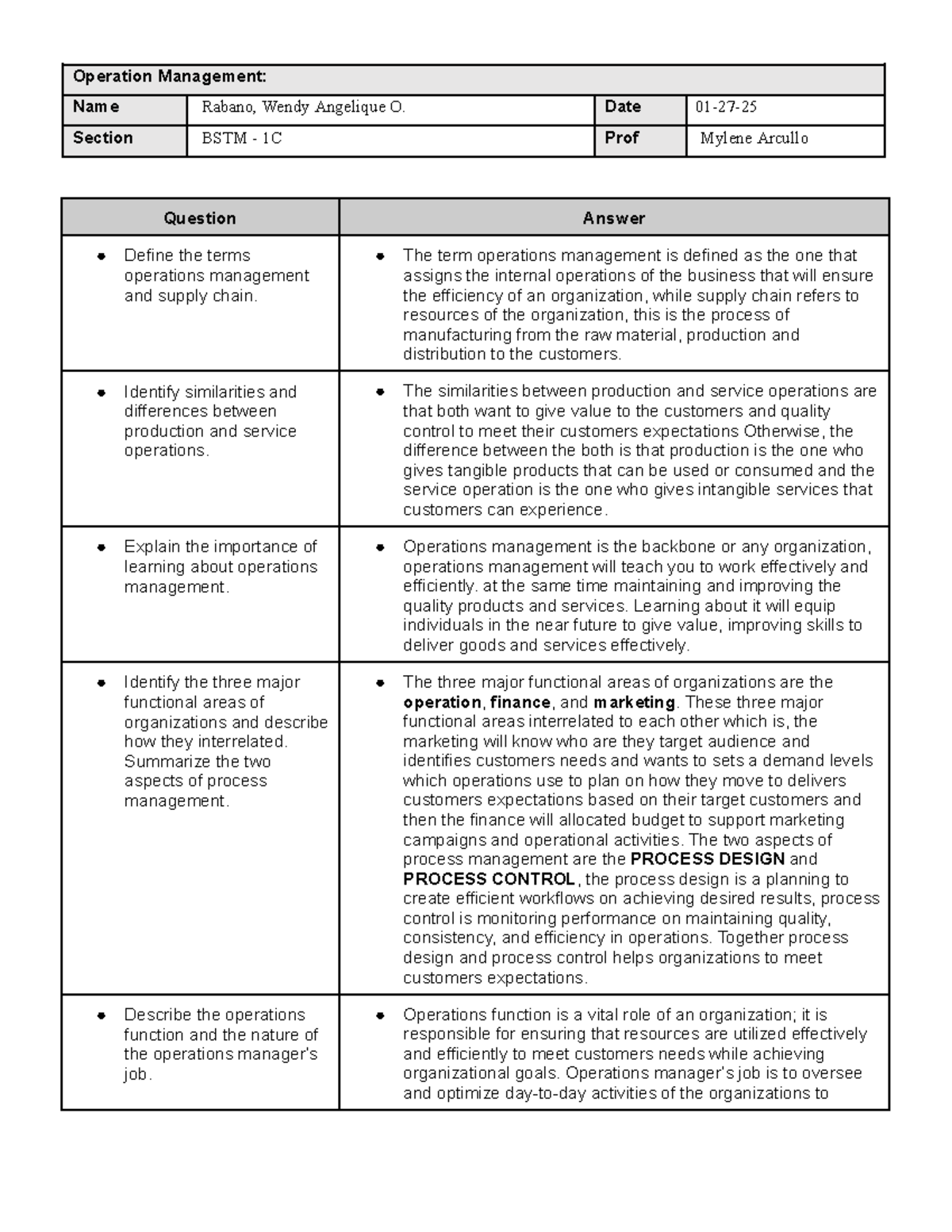 OM Assignment 1 - hhahaa - Question Answer Define the terms operations ...