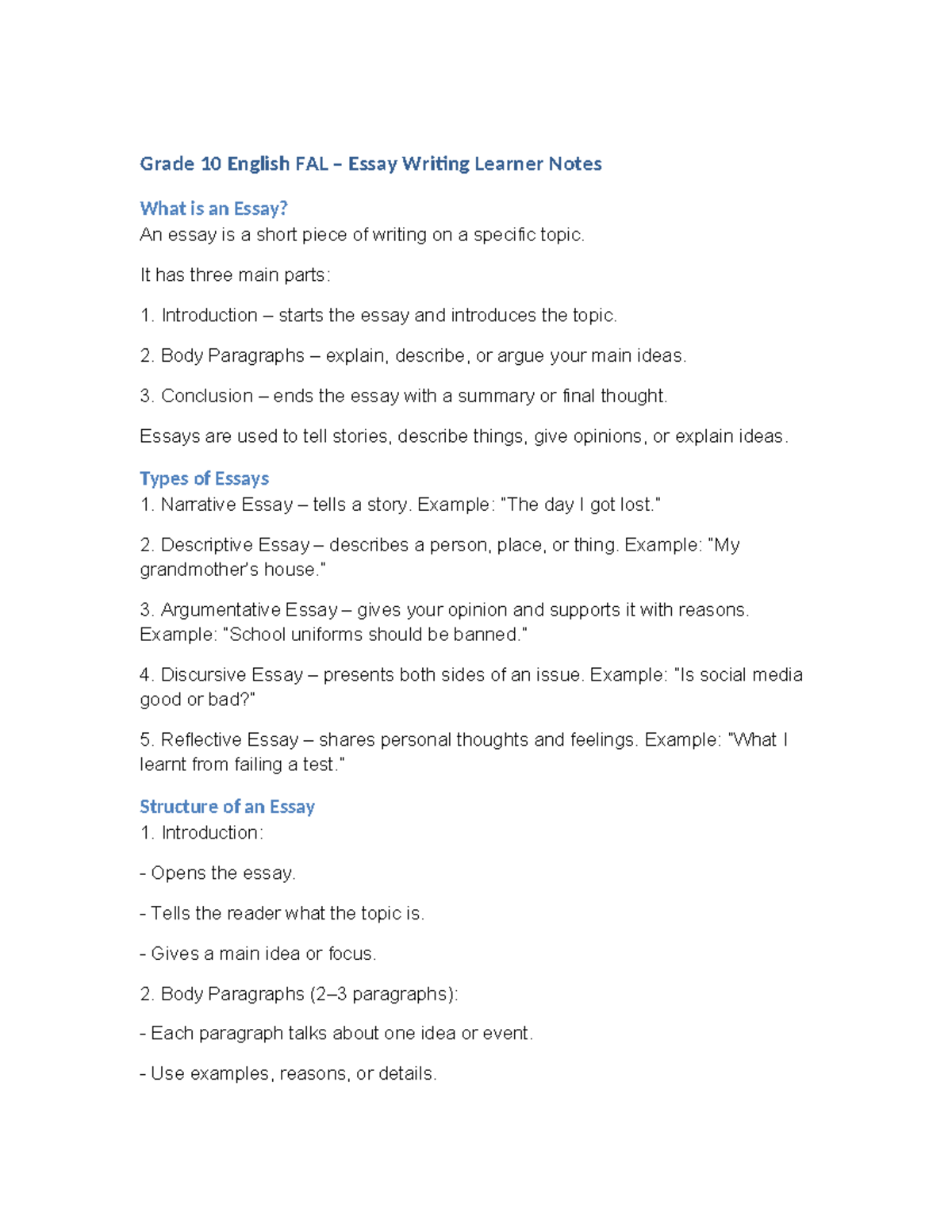 Grade 10 English FAL Essay Writing Notes: Structure & Types - Studocu