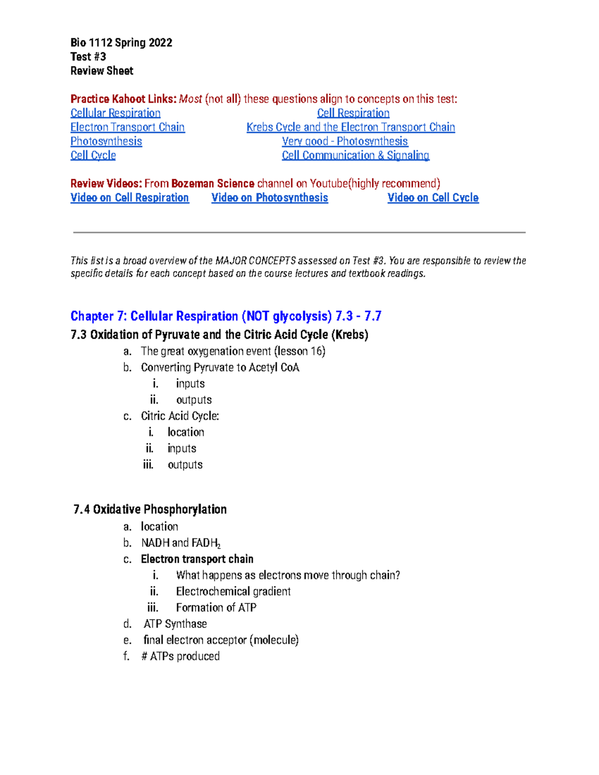 Bio II TEST #3 Review sheet - Bio 1112 Spring 2022 Test # Review Sheet ...