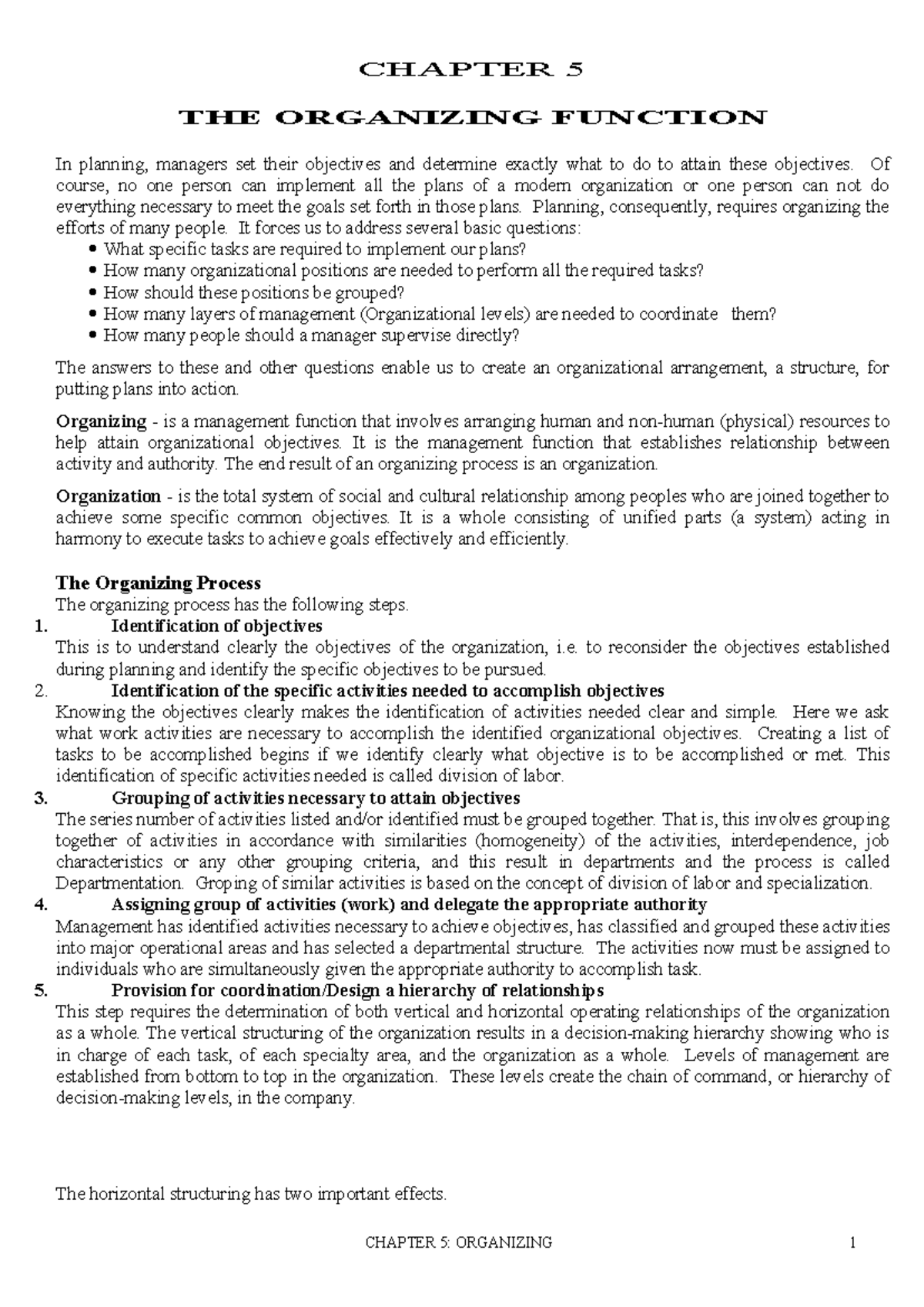 CHAPTER 5: ORGANIZING FUNCTION IN MANAGEMENT - Studocu