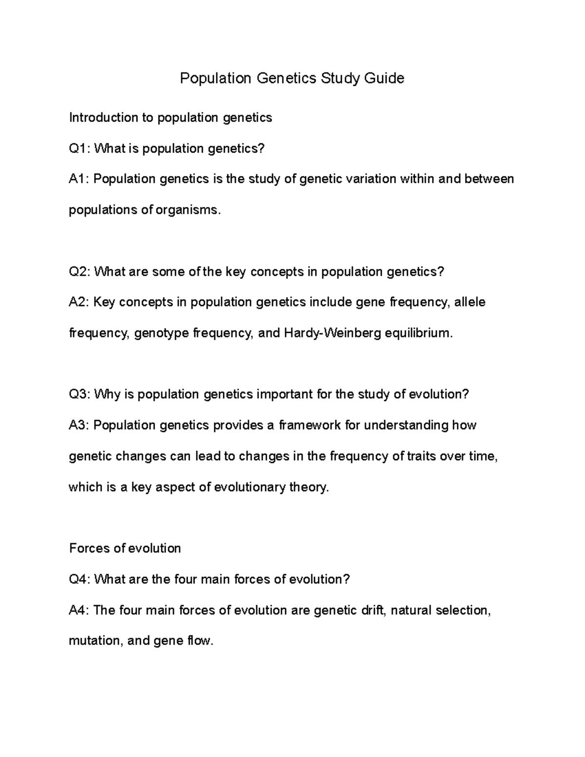 Population Genetics Study Guide - Population Genetics Study Guide ...
