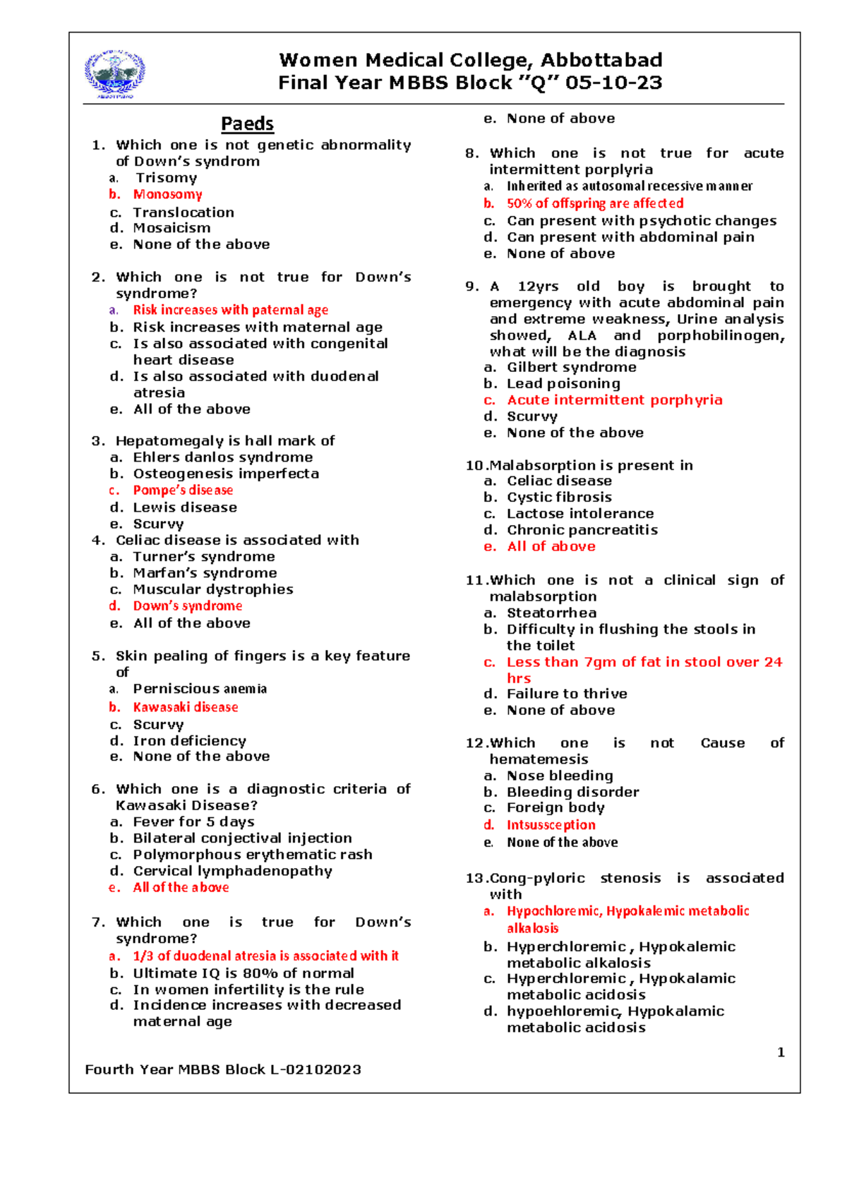 Block Q WMC - Final Year MBBS Solved Paper on Pediatrics - Studocu