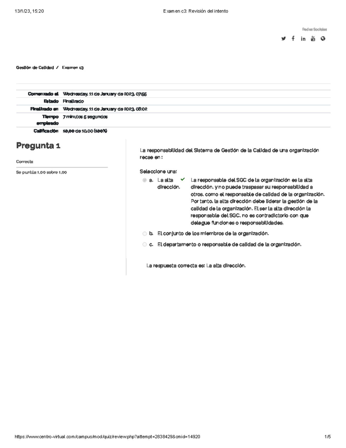 Examen c3 Revisión del intento - Redes Sociales Gestión de Calidad ...