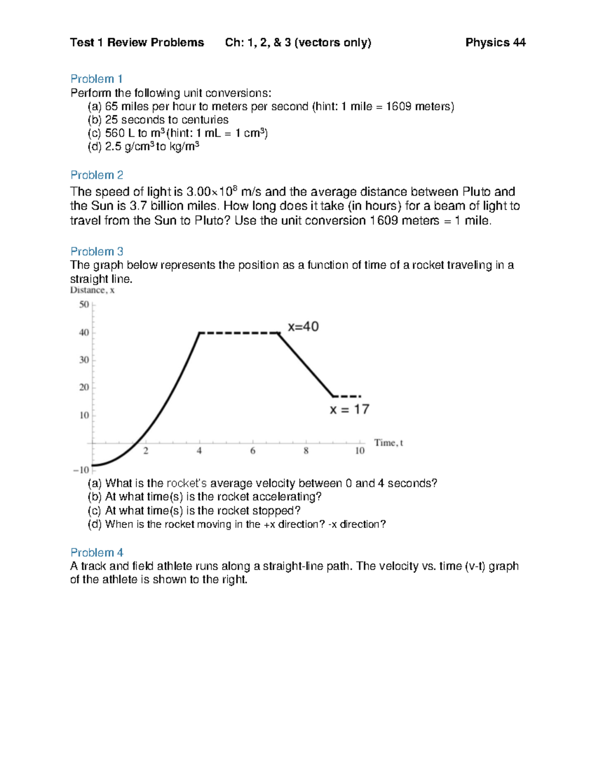 Physics 44 Test 1 Review: Vectors in Chapters 1, 2, & 3 Problems - Studocu