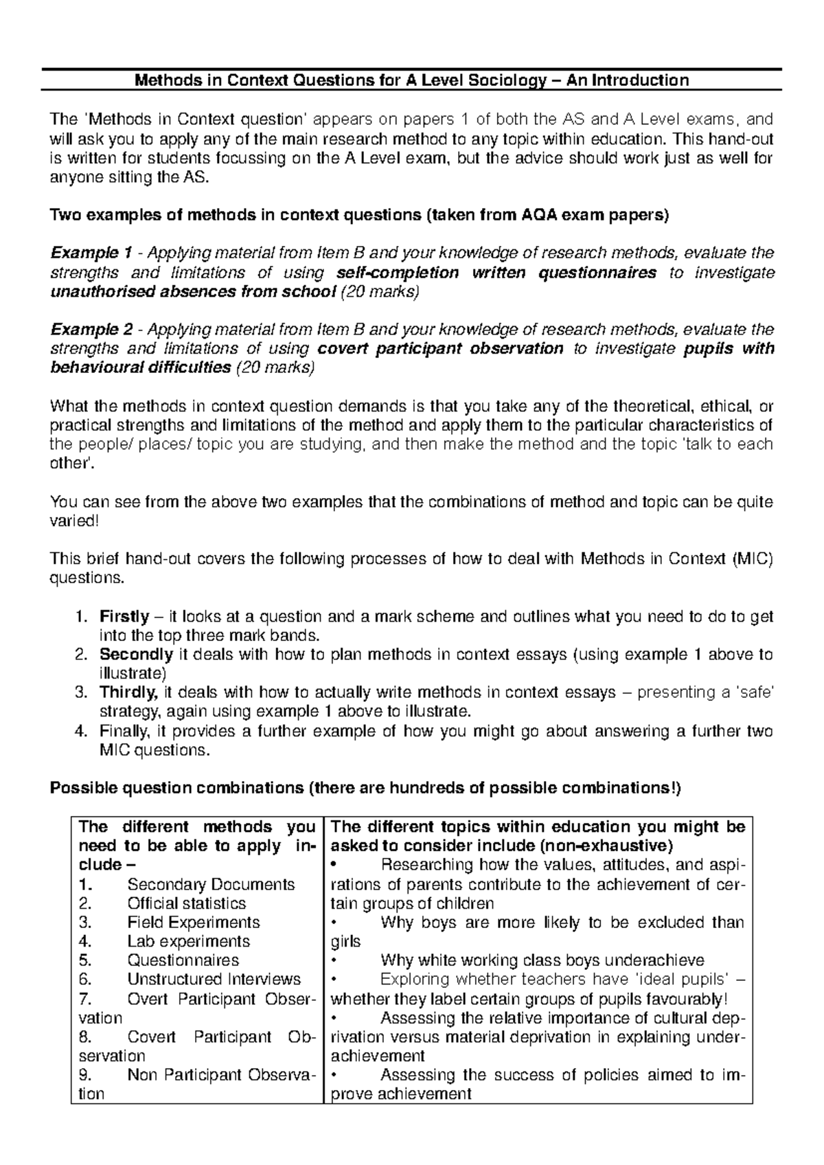 Methods in Context Questions for A Level Sociology: A Comprehensive ...