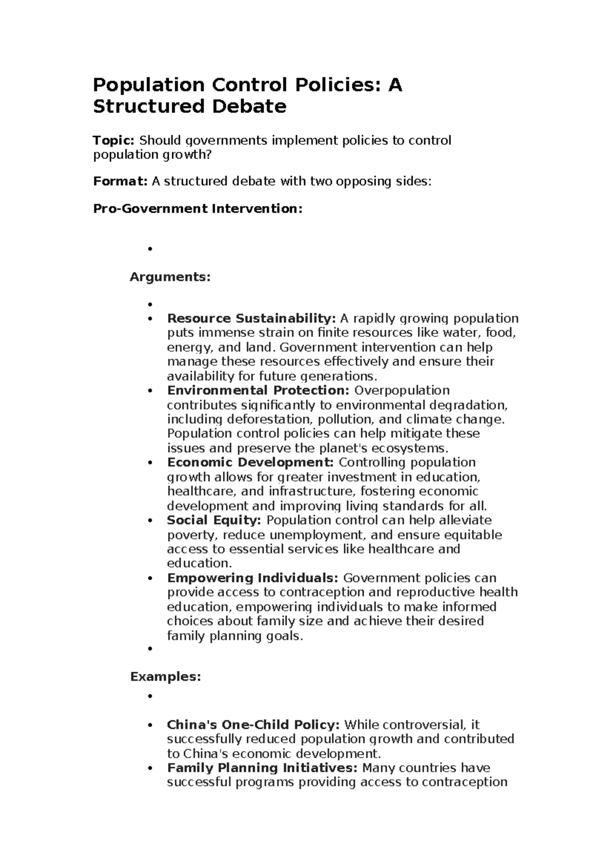 Debate 2 Population Control Policies - Population Control Policies: A ...
