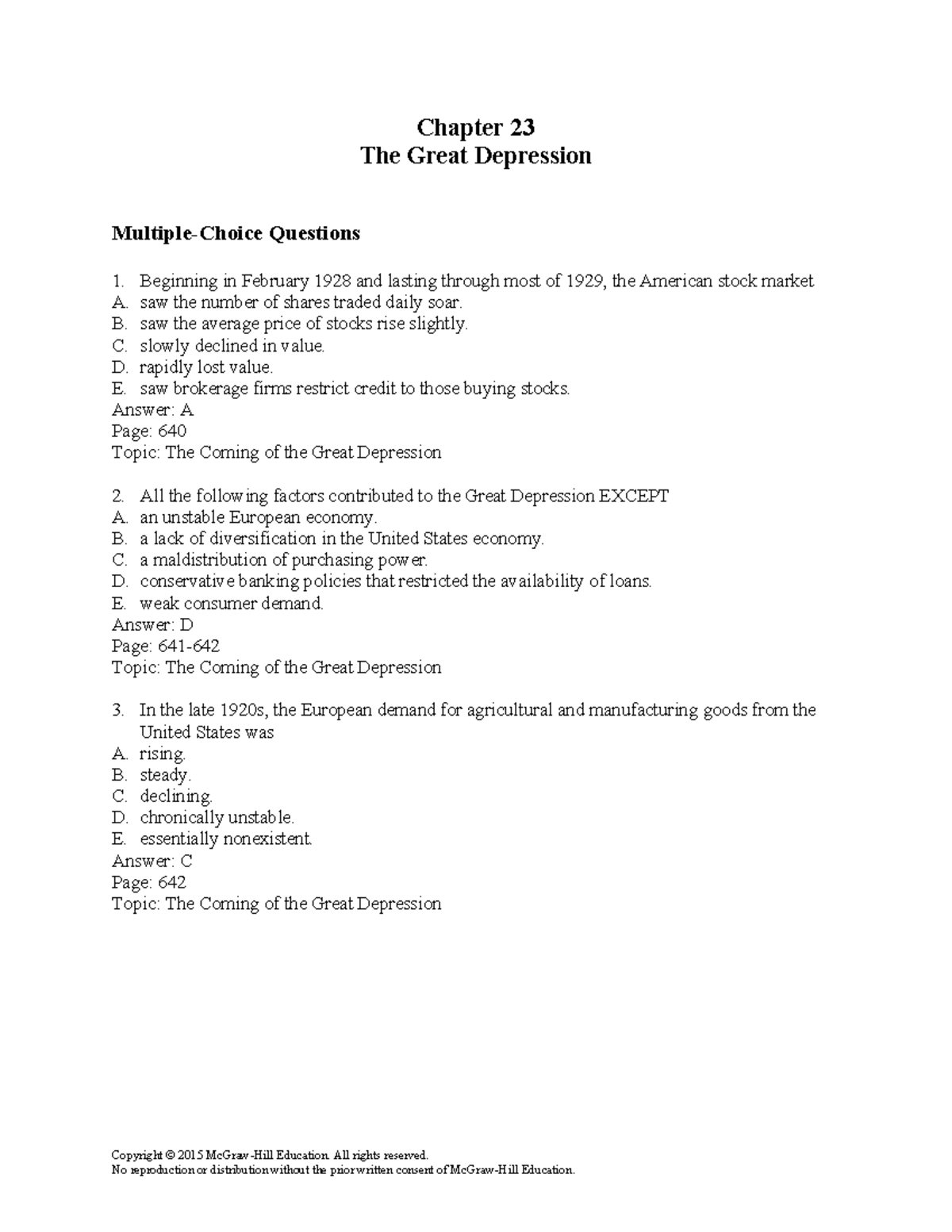 Brinkley 15 TB Chapter 23: The Great Depression Questions & Answers ...