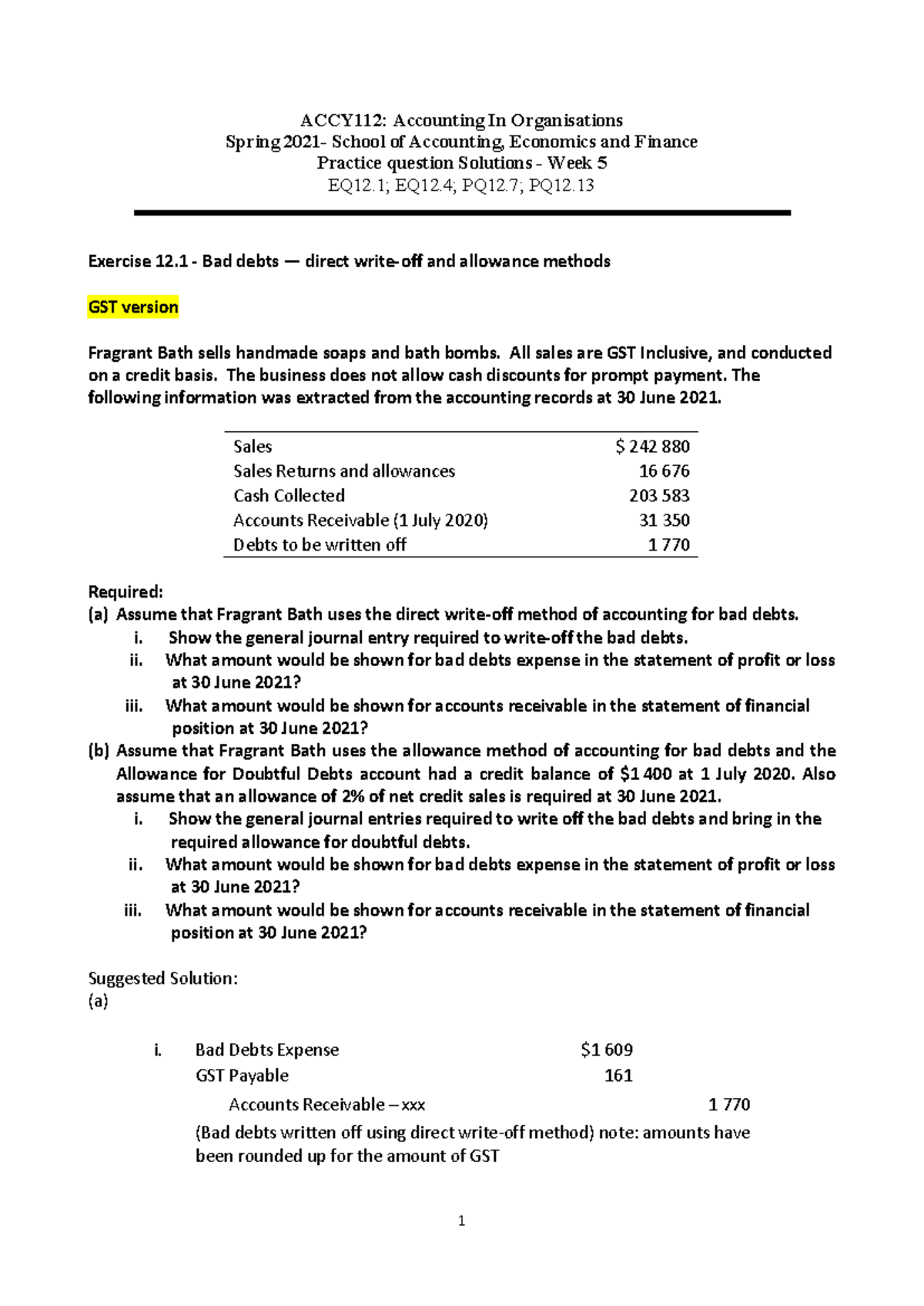 ACCY112: Practice Questions & Solutions for Week 05 - Studocu