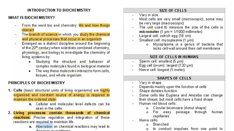 BIOCHEM 101: Introduction to Biochemistry and Cell Structure - Studocu
