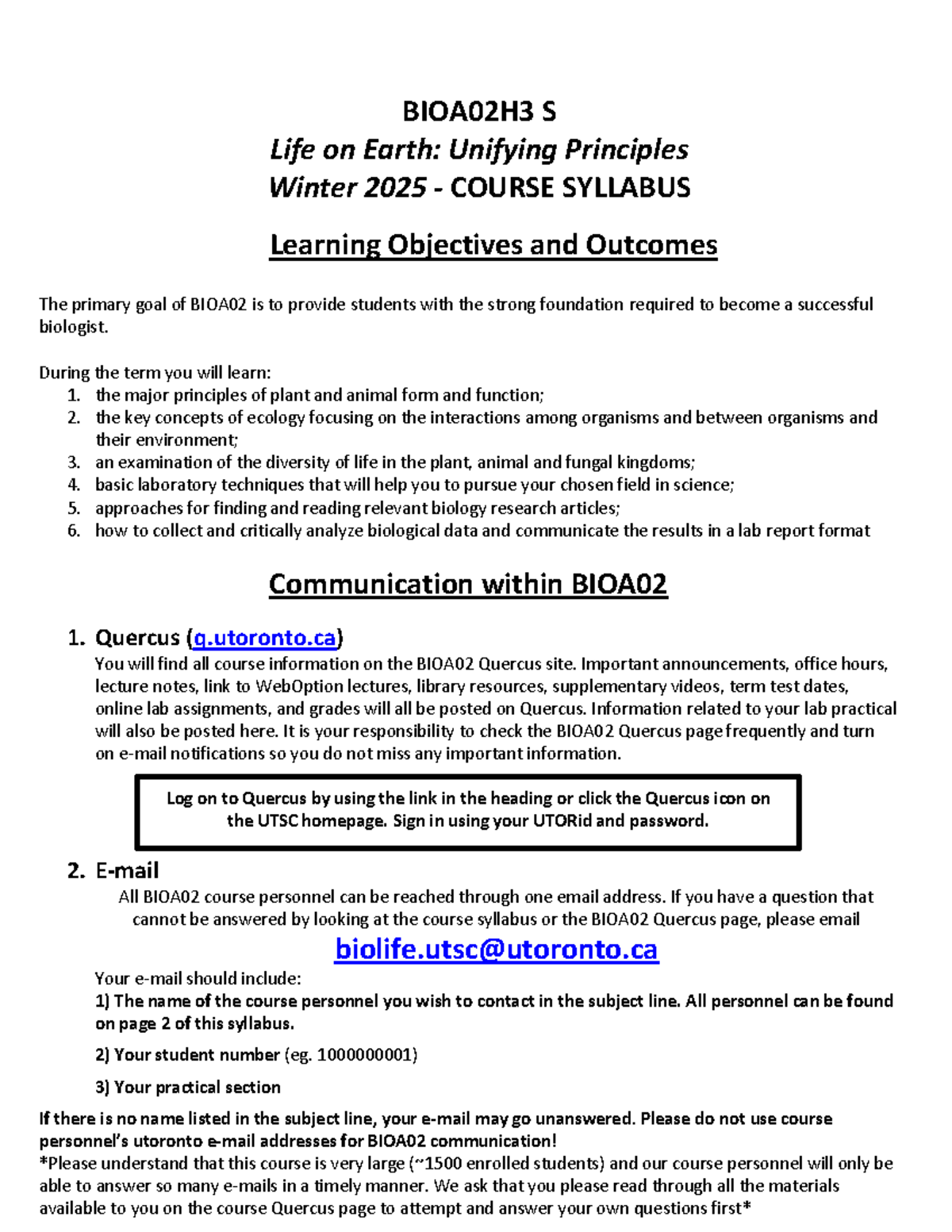 BIOA02 Winter 2025 Course Syllabus: Life on Earth Principles - Studocu