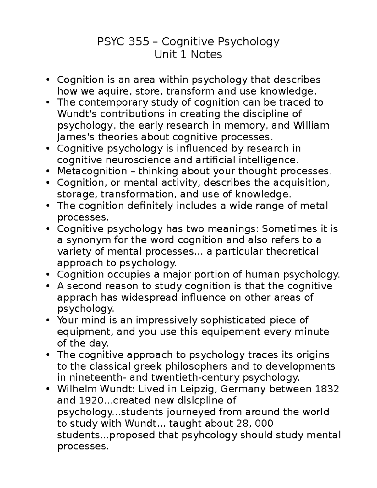Cognitive Psychology, Study Notes - Unit 1 - PSYC 355 – Cognitive ...