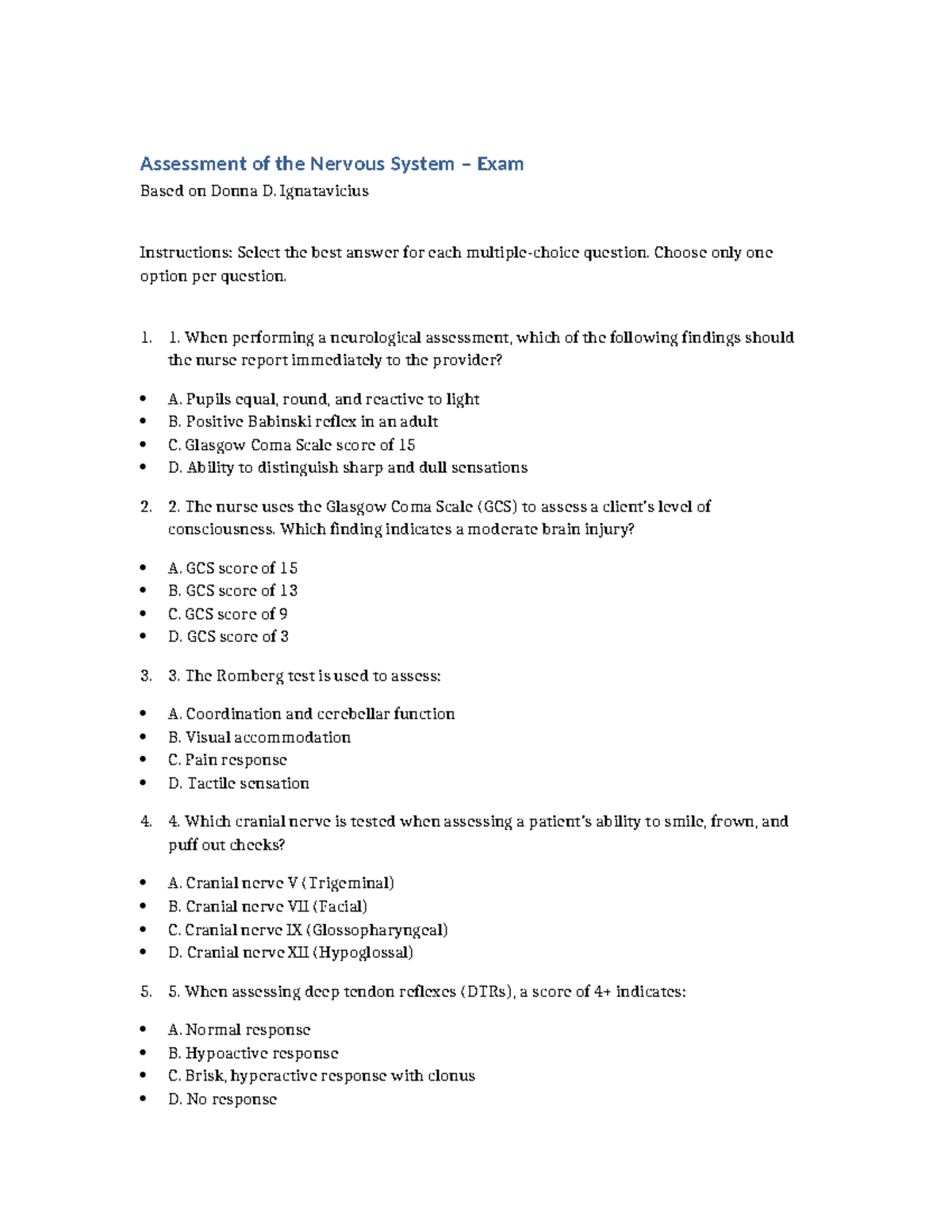 Nervous System Exam (NURS 123) - Assessment Questions & Answers - Studocu