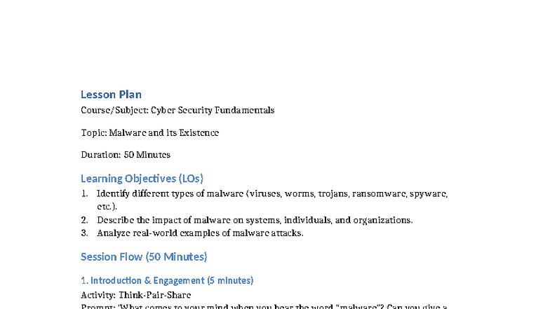 Lesson Plan: Cyber Security Fundamentals - Malware Overview - Studocu