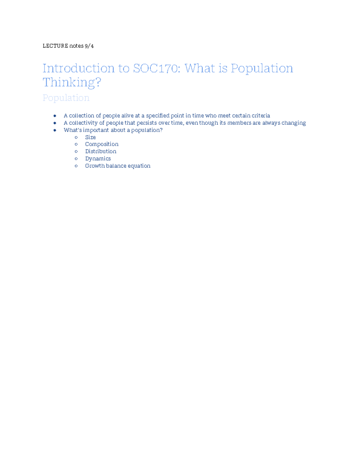 LECTURE Notes SOC170: Understanding Population Thinking and Dynamics ...