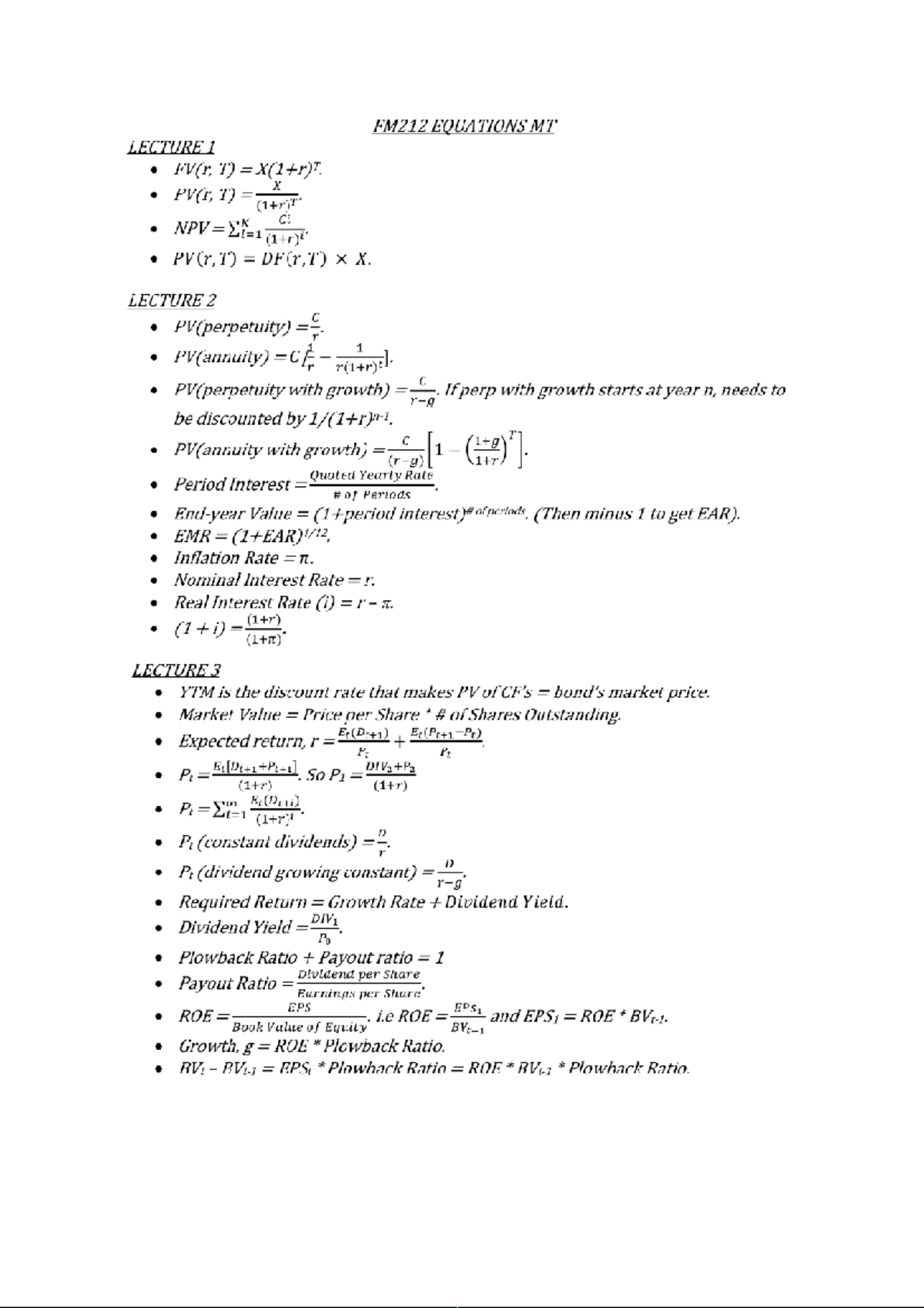 Fm212 Formula Sheet - Key Equations and Formulas Guide - Studocu