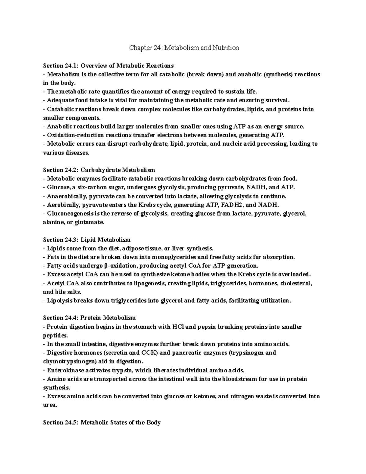 Chapter 24 Review: Metabolism & Nutrition Insights - Studocu