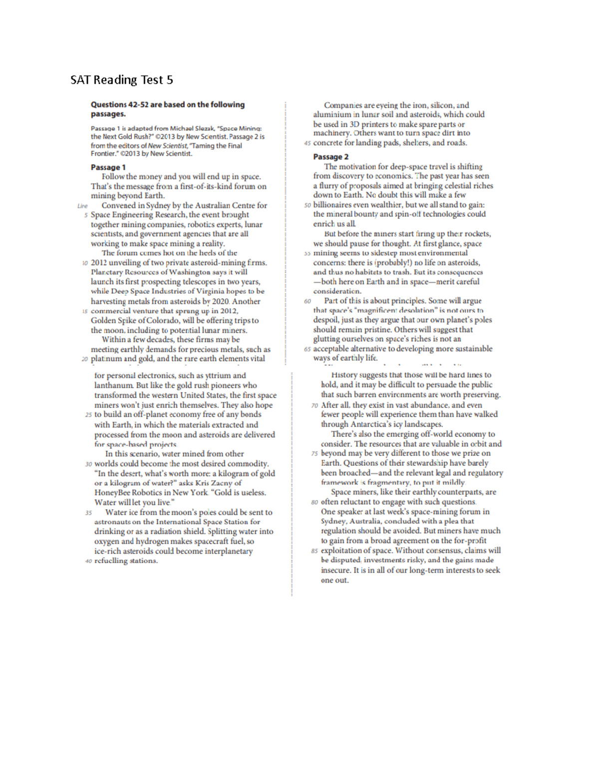 SAT Reading Test 5 - Practice Questions and Answers - Studocu