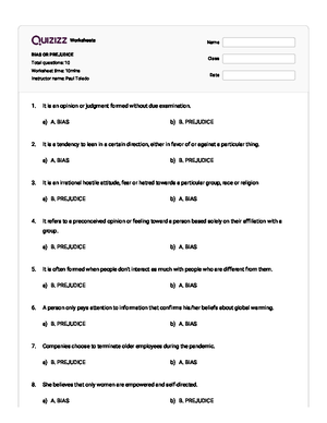 Bias & Prejudice Quizizz - Worksheets Bias & Prejudice Total questions ...