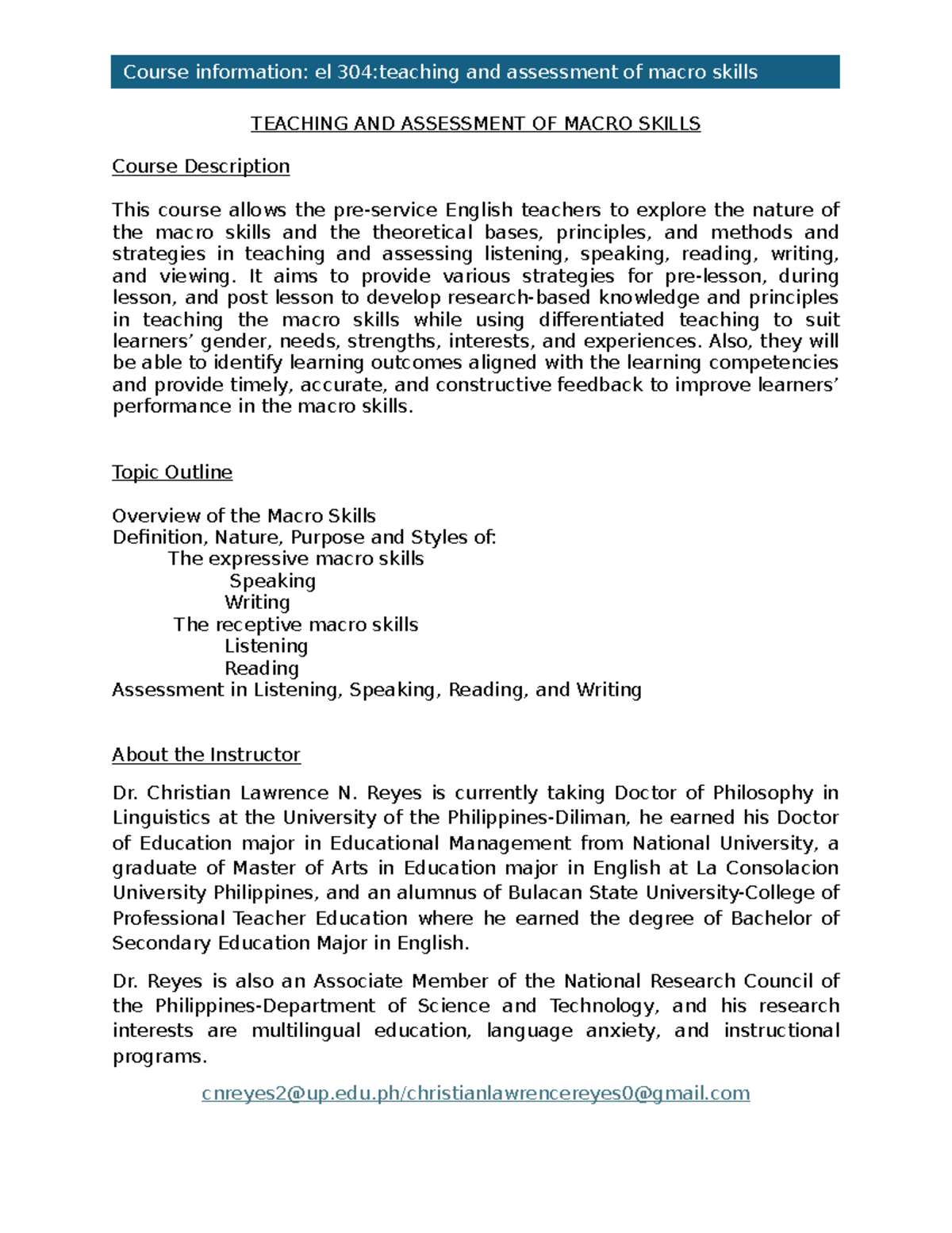 EL 304: Teaching and Assessment of Macro Skills Overview - Studocu