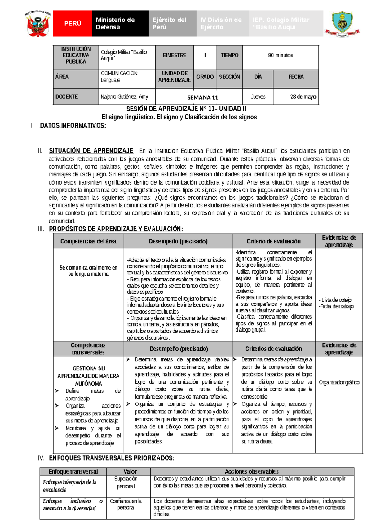 Sesión de Aprendizaje: Signo Lingüístico y Clasificación de Signos ...