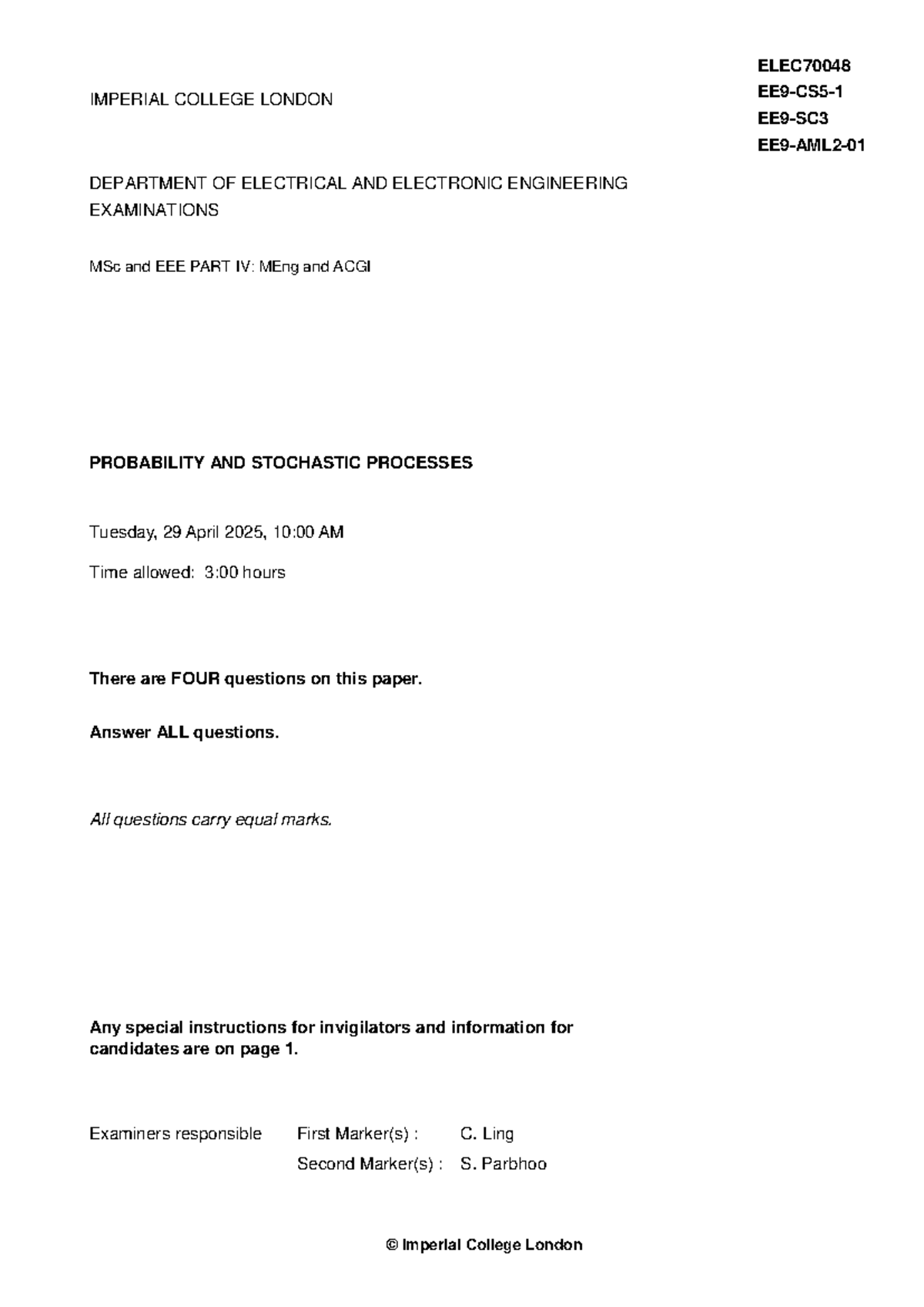 ELEC70048 MSc Probability and Stochastic Processes Exam Paper 2025 ...