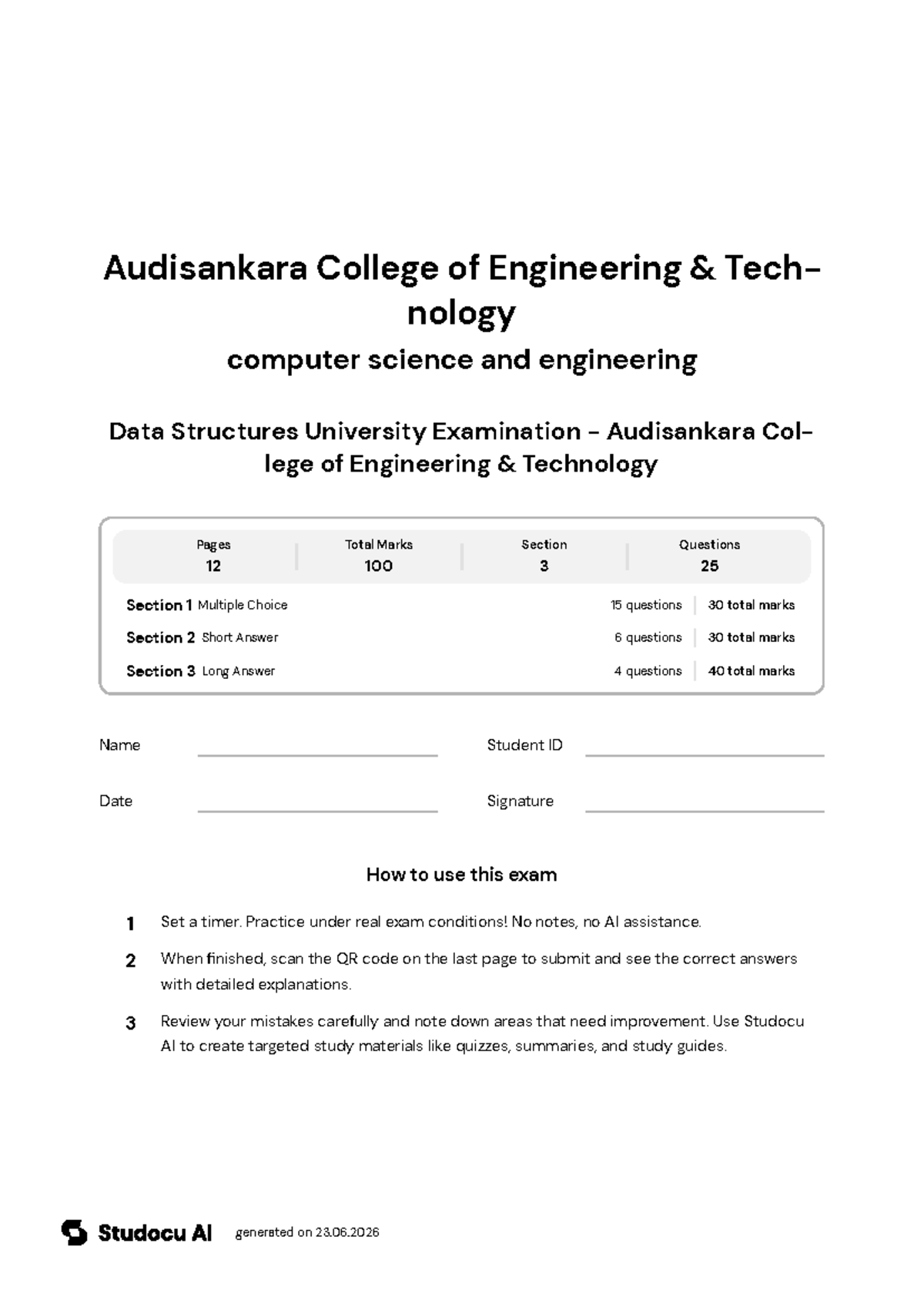 Data Structures Final Exam - Audisankara College - Studocu