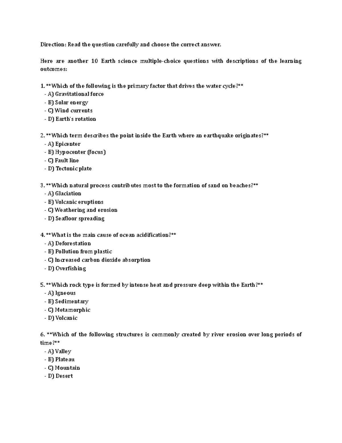EE58 - Earth Science Quiz: Key Concepts and Learning Outcomes - Studocu