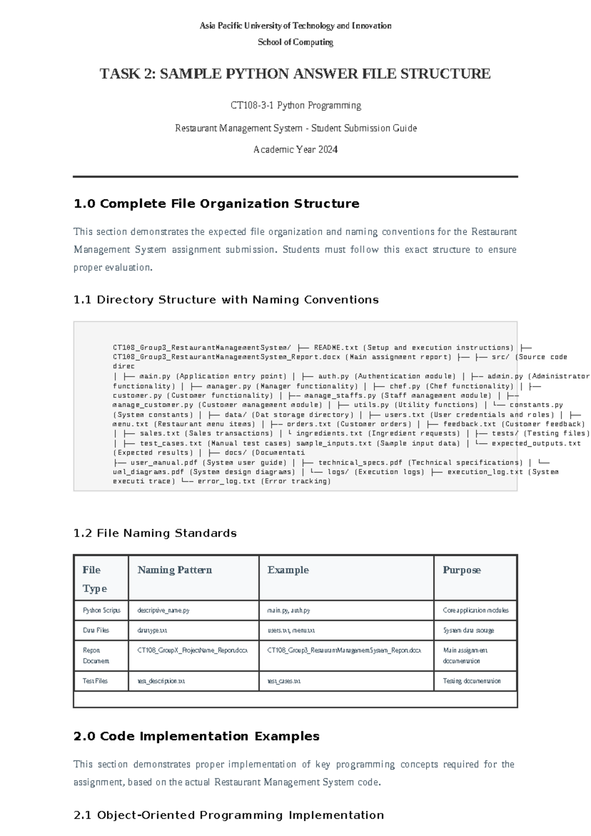 CT108: Restaurant Management System Python Task 2 Submission Guide - Studocu