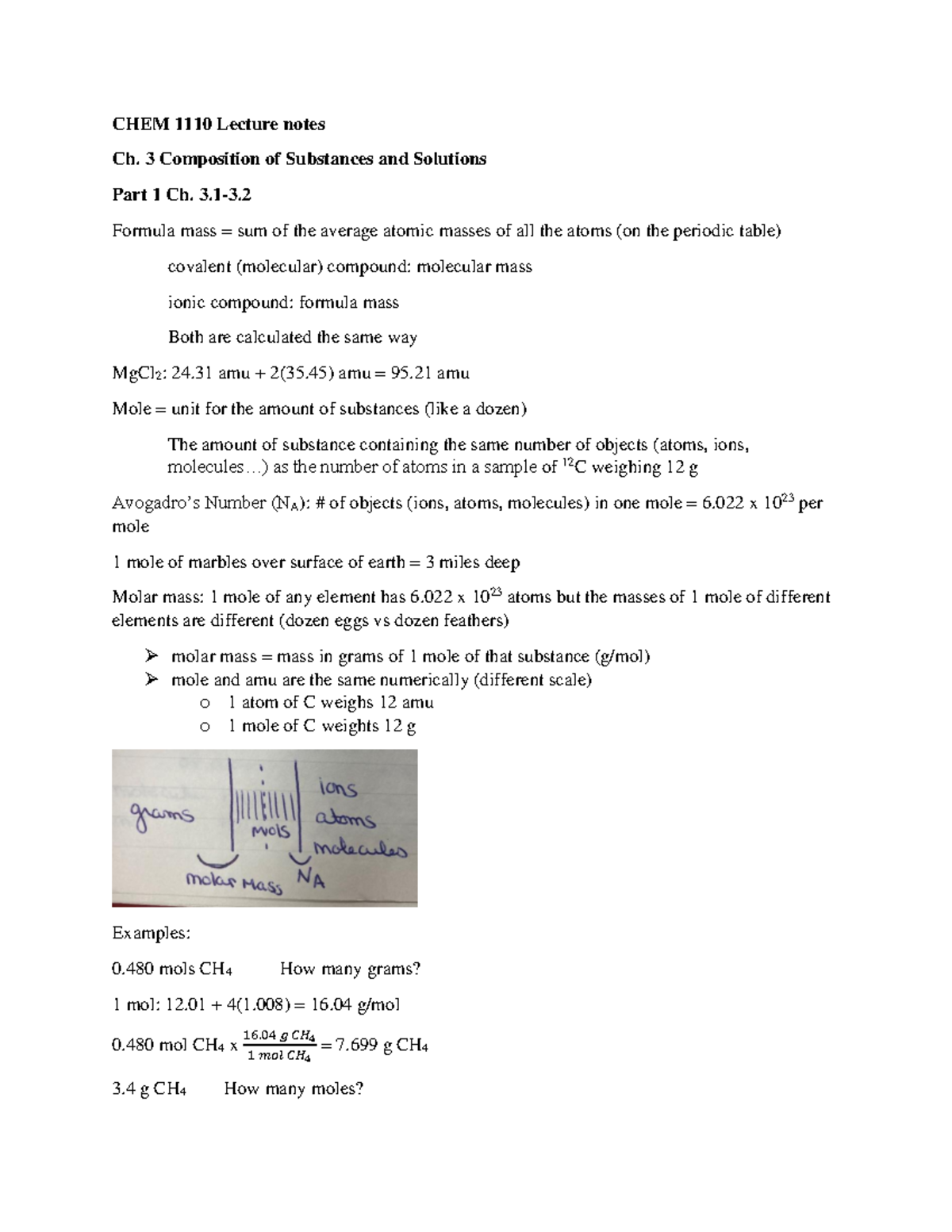 CHEM 1110 Lecture Notes: Ch. 3 - Composition of Substances & Solutions ...