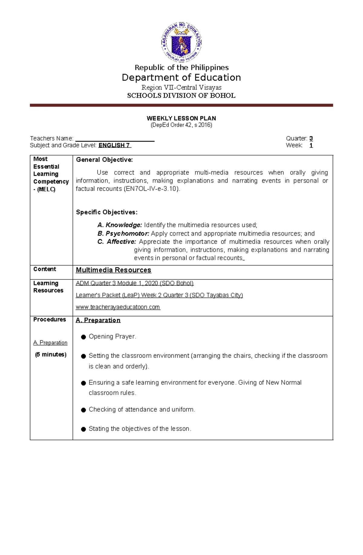 Bohol English 10 Q3 Weekly Lesson Plan: Argumentative Essay Focus - Studocu