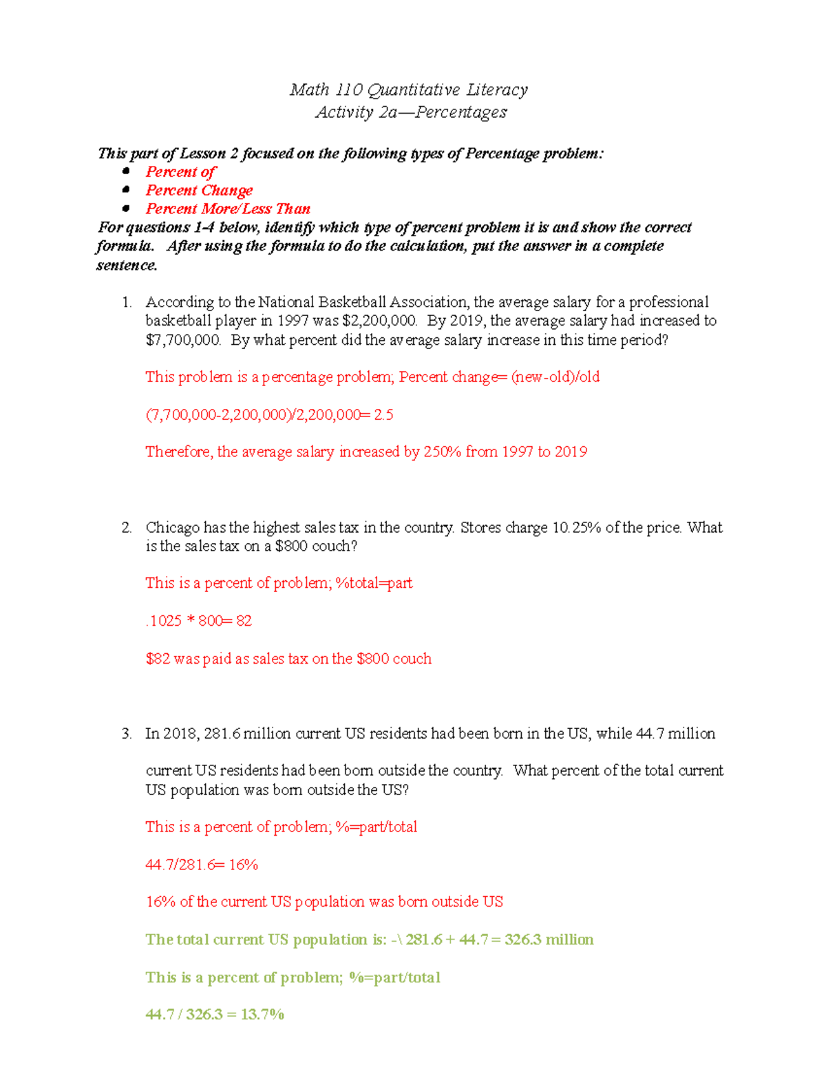 MATH 110 Activity 2a - Understanding Percentages in Real Life - Studocu