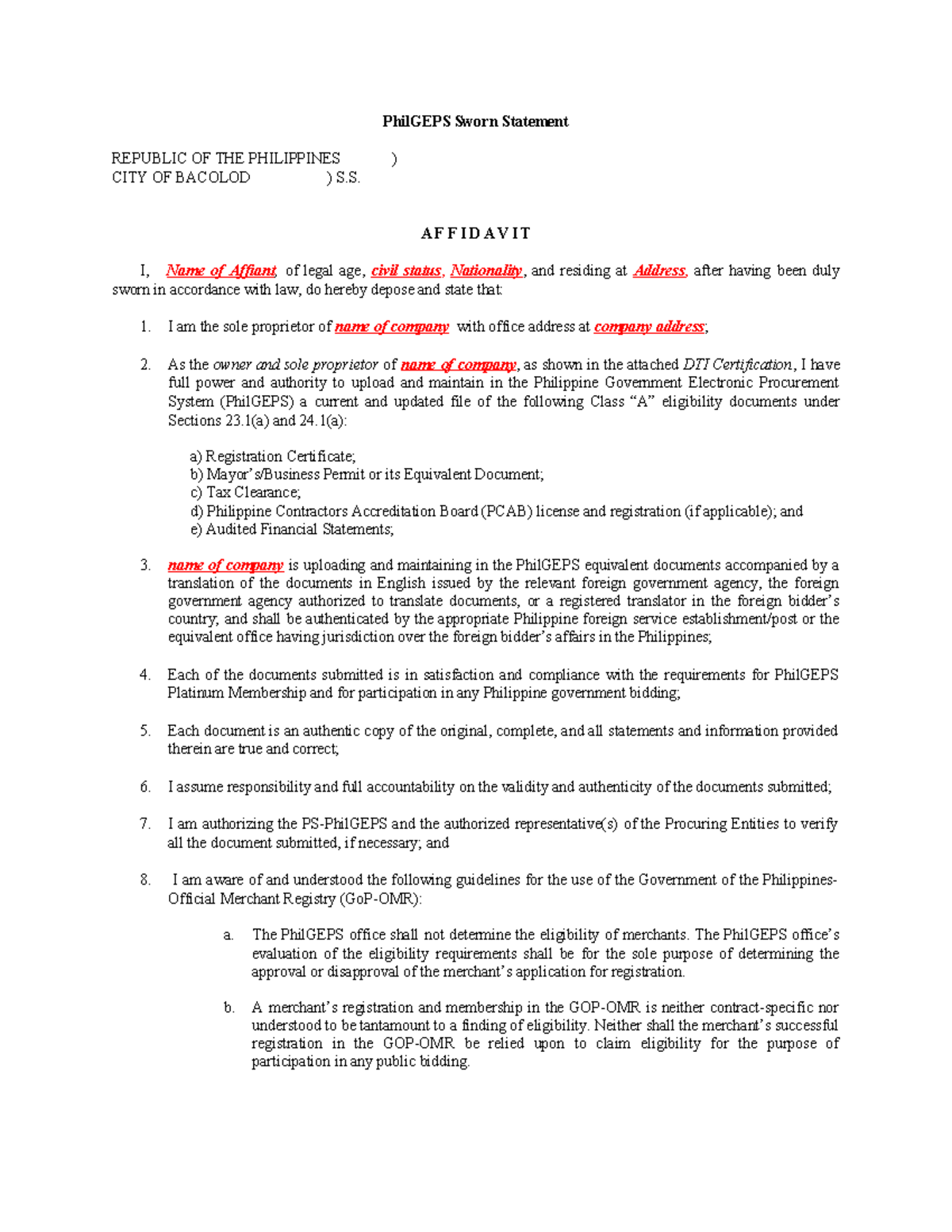Phil GEPS Sworn Statement Template for Legal Affidavit Submission - Studocu