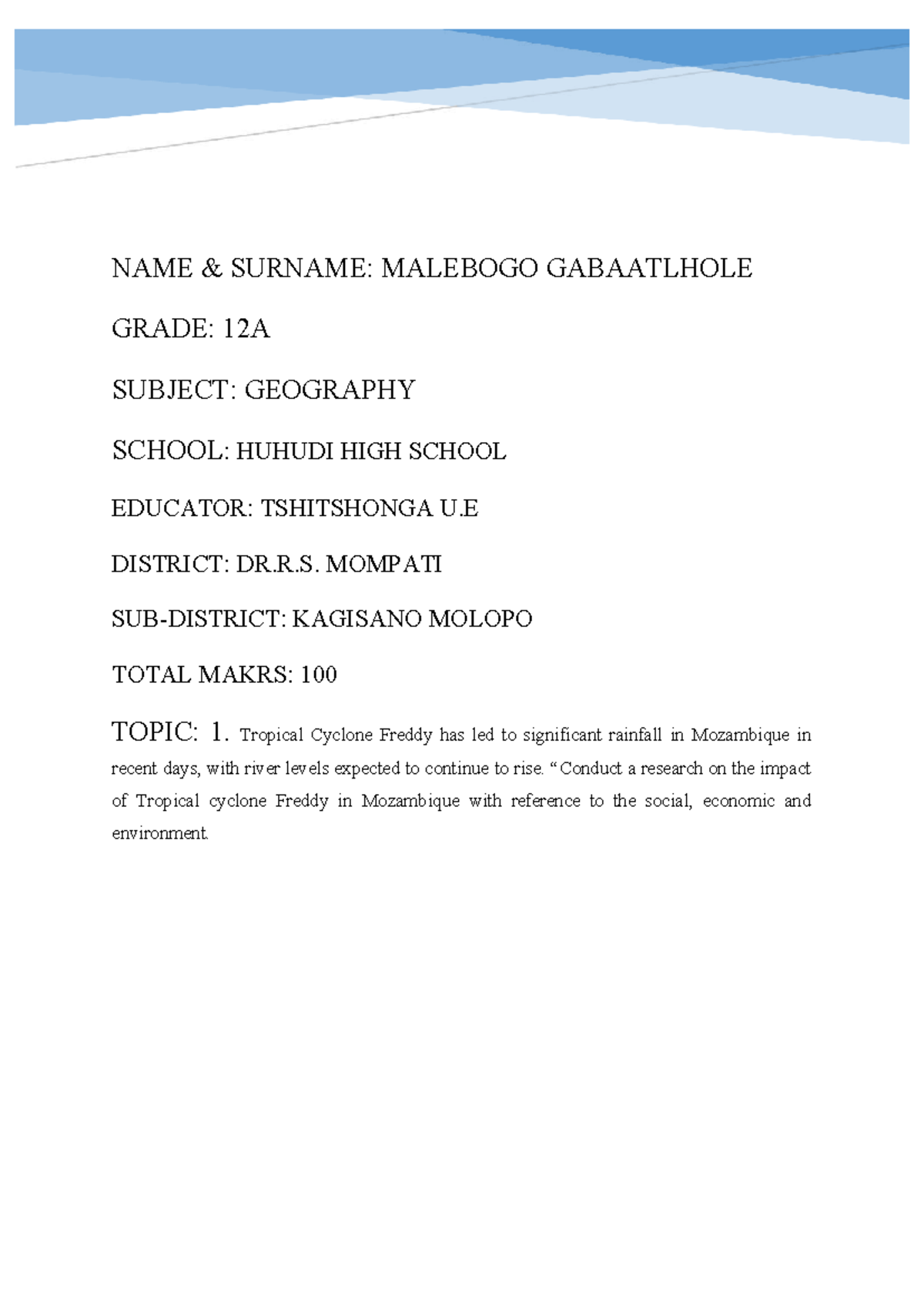 GEOG 12A: Impact Analysis of Tropical Cyclone Freddy in Mozambique ...