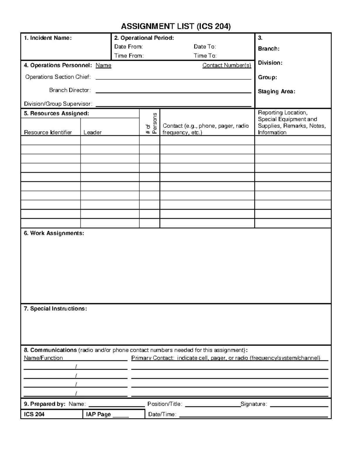 ICS 203 Organization Assignment List for Incident Management - Studocu