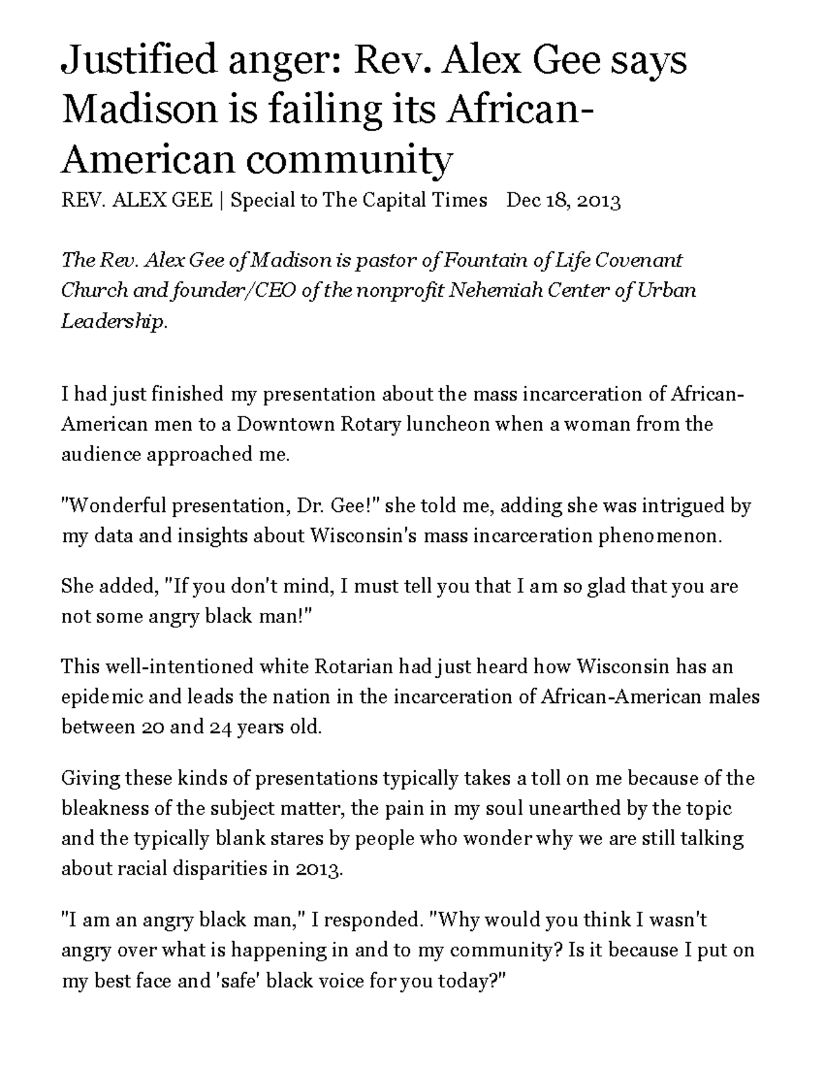 Justified Anger: Rev. Alex Gee on Racial Inequity in Madison - Studocu