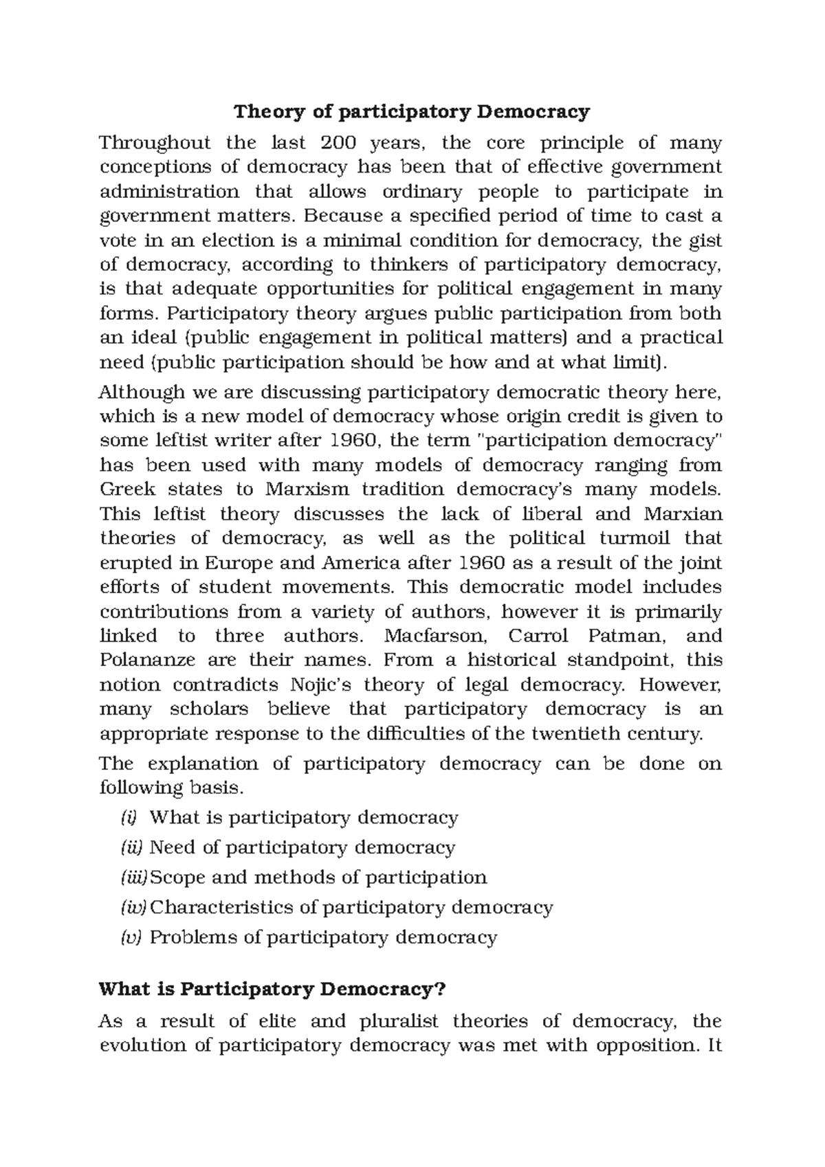 Theoretical Foundations and Challenges of Participatory Democracy - Studocu