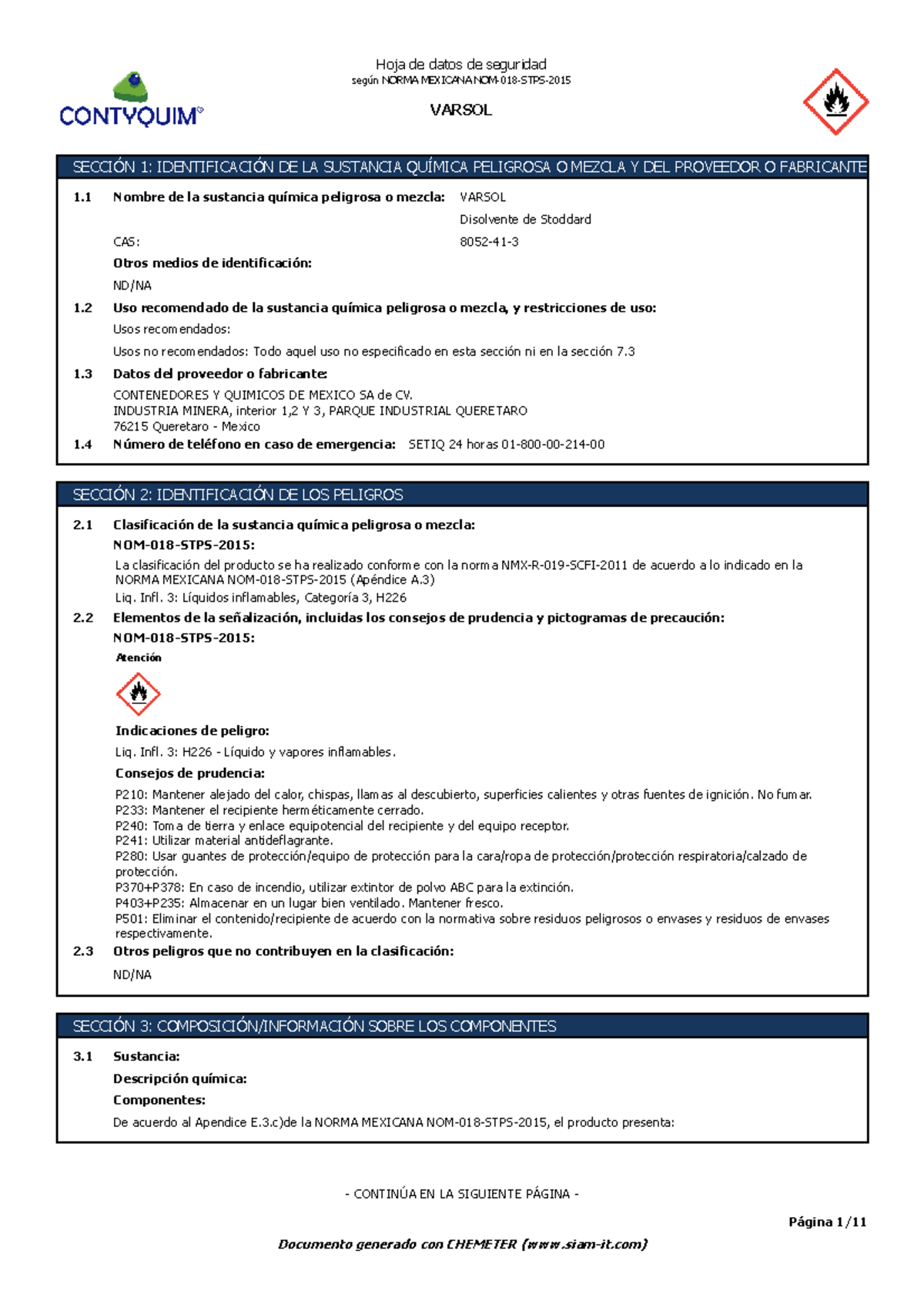 Hoja de Datos de Seguridad de VARSOL según Norma Mexicana - Studocu