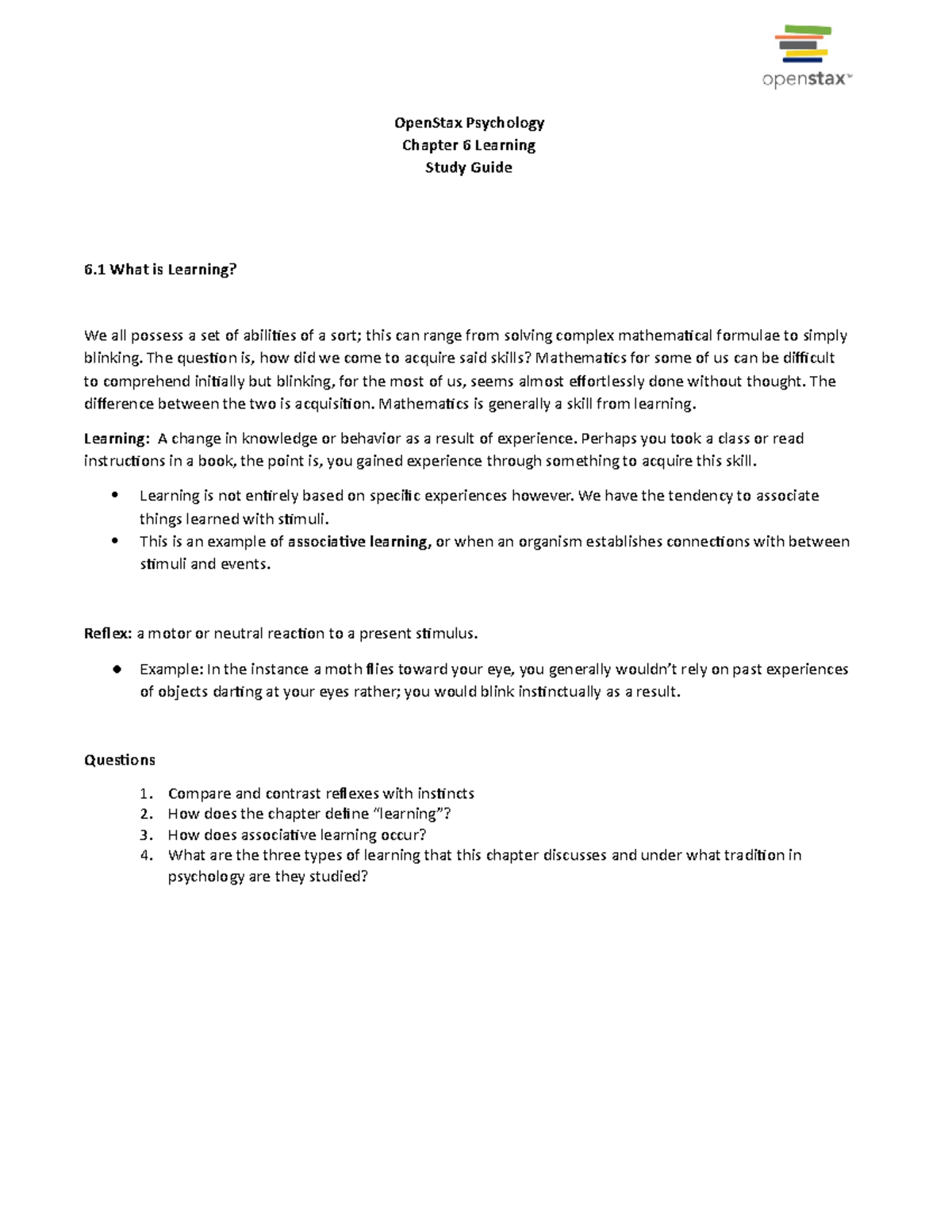 OpenStax Psychology 2e Chapter 6 Learning Study Guide and Notes - Studocu