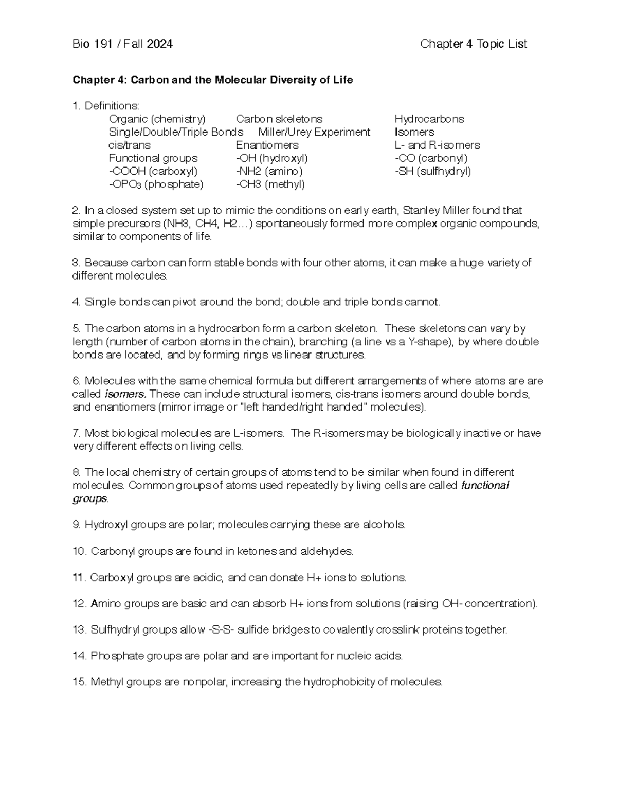 Bio 191 / Fall 2024: Chapter 4 - Carbon and Molecular Diversity Notes ...