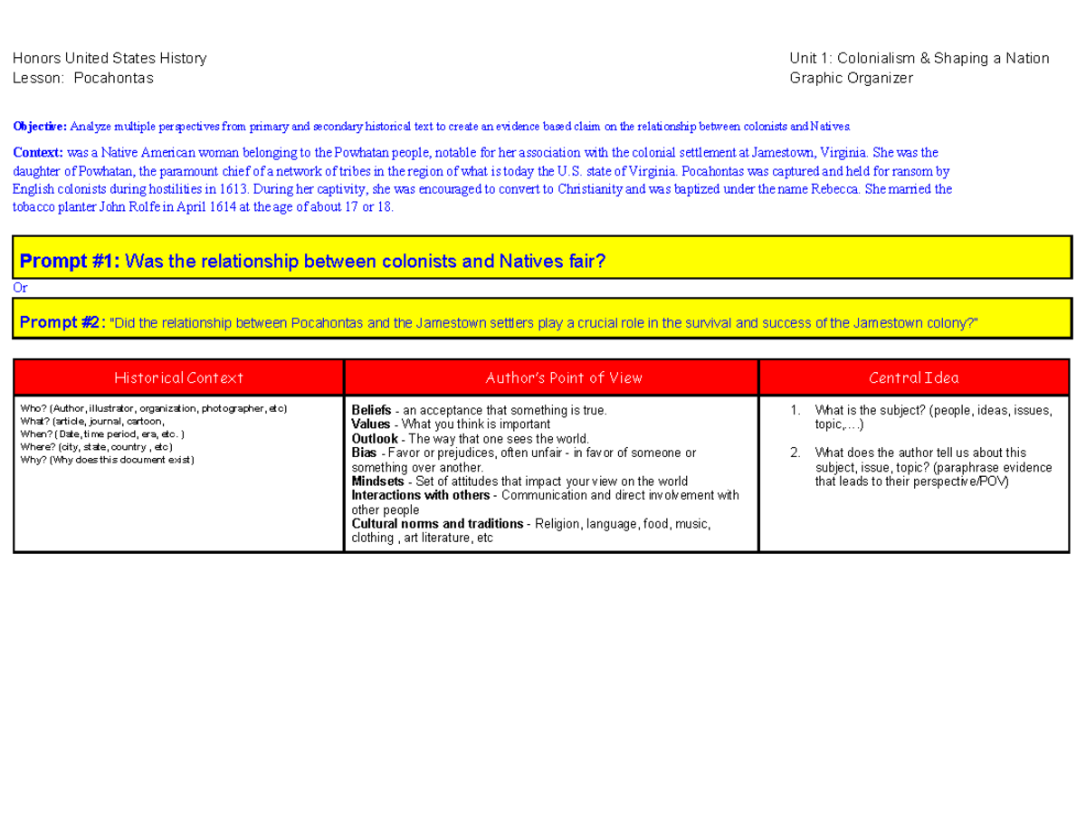 Honors U.S. History Lesson: Pocahontas & Colonialism Graphic Organizer ...