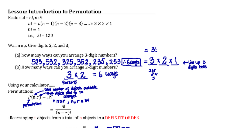 Lesson: Introduction to Permutation and Factorial (Course Code: 2.3) - Studocu
