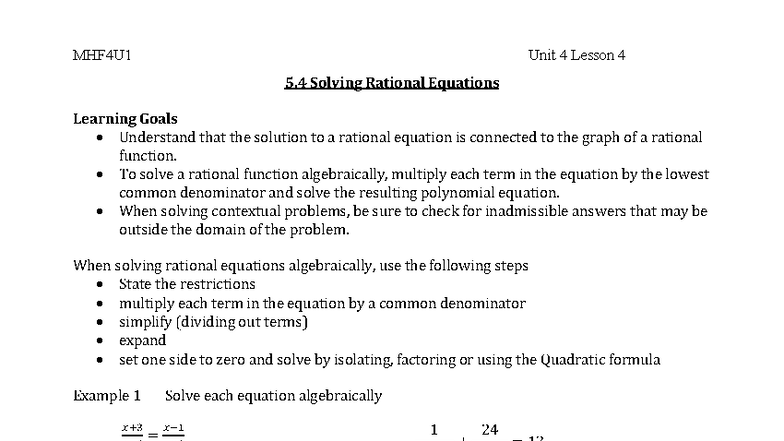 MHF4U1 Unit 4 Lesson 4: Solving Rational Equations Guide - Studocu