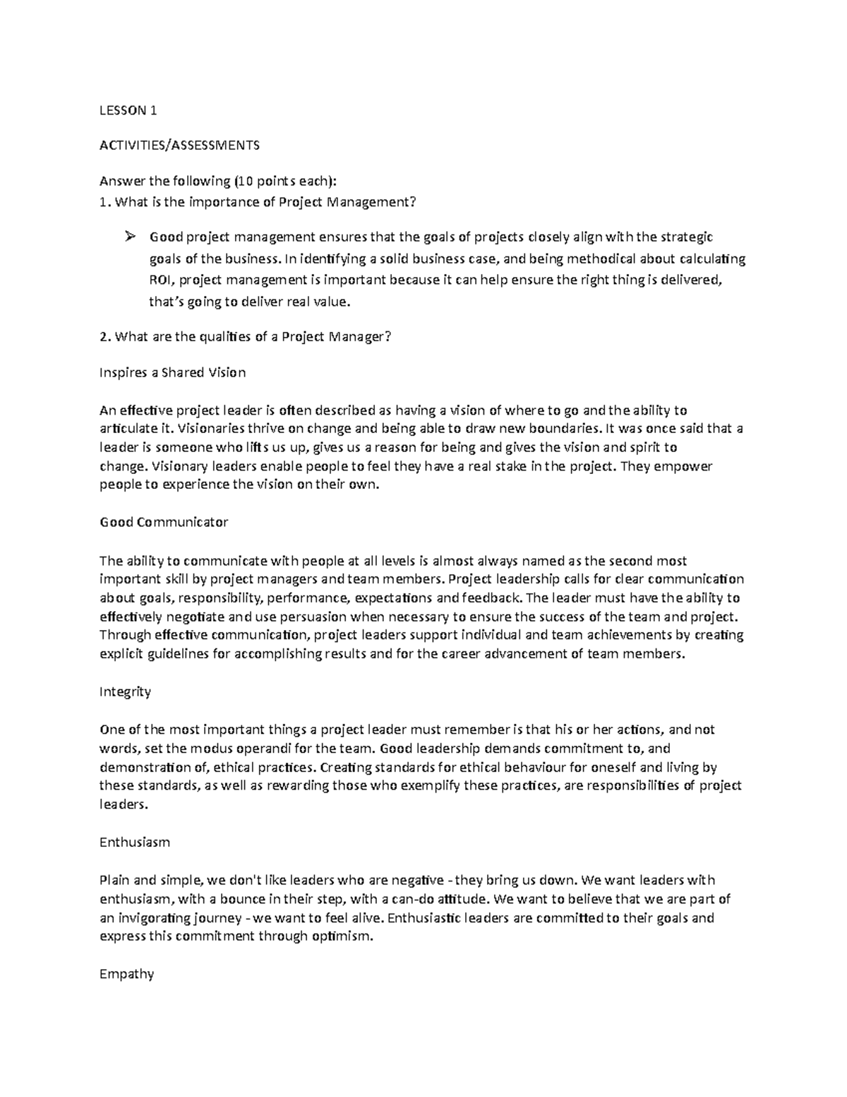 HRM Lesson 1: Key Activities on Project Management Skills - Studocu