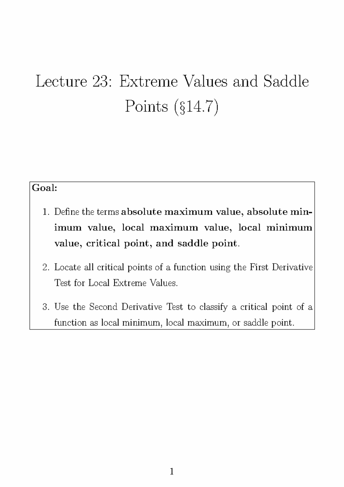 Lecture 23a: Extreme Values & Saddle Points Overview (§14.7) - Studocu