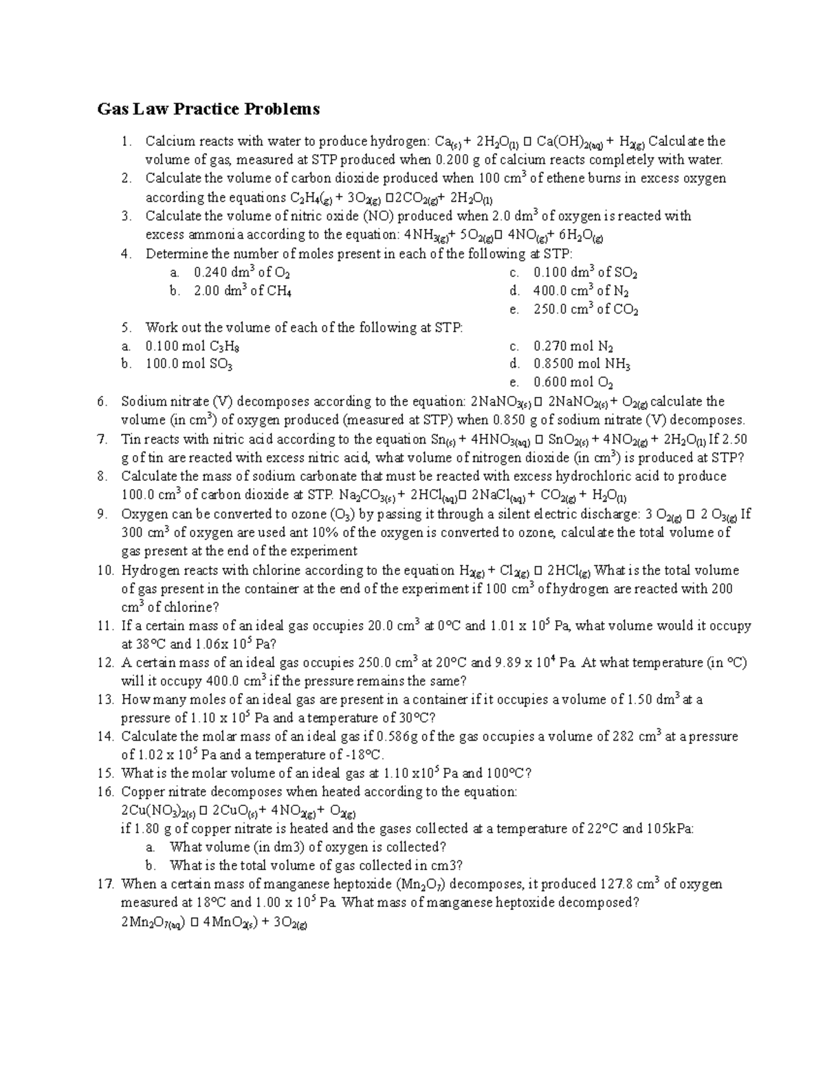 Gas Law Practice Problems: STP Calculations and Reactions - Studocu
